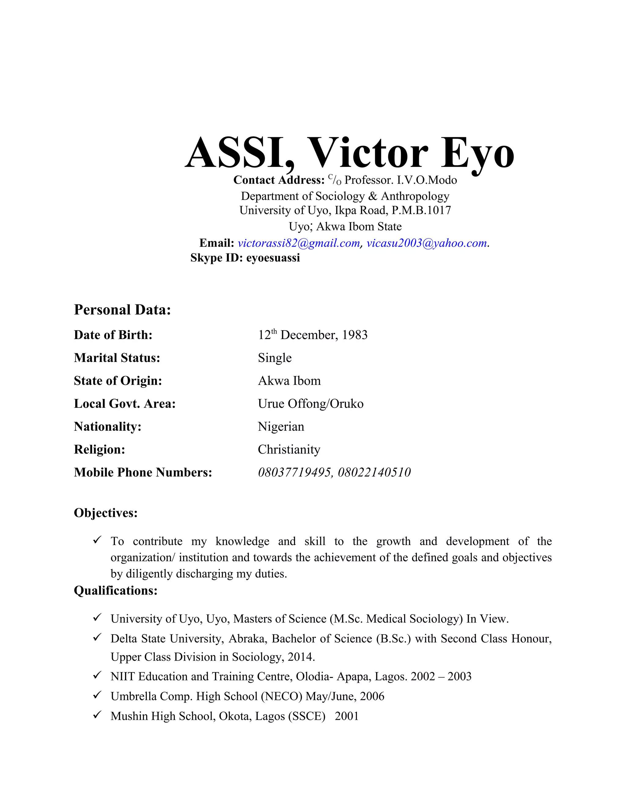 VICTOR EYO ASSI CURRICULUM VITEA | PDF