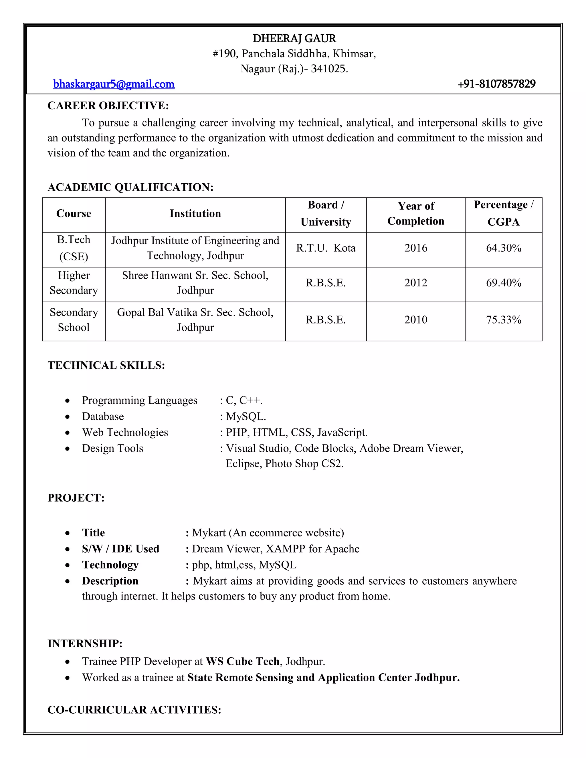 Dheeraj Gaur Resume | PDF