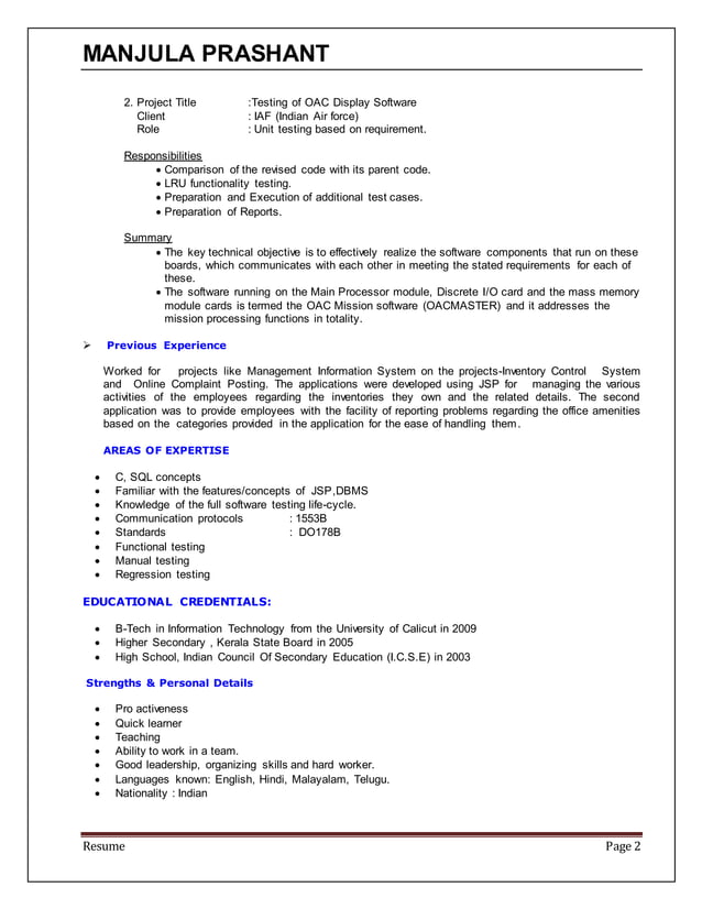 MANJULA PRASHANT CV | DOCX | Computer Software and Applications | Computing
