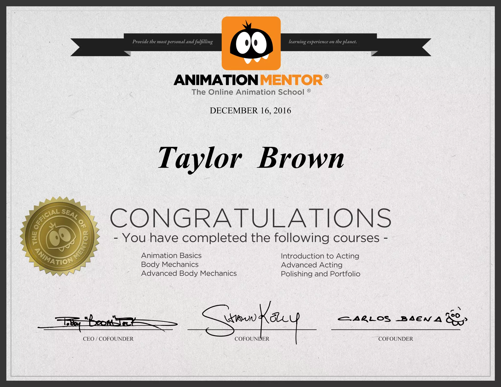 Taylor Brown AM Certificate | PPT