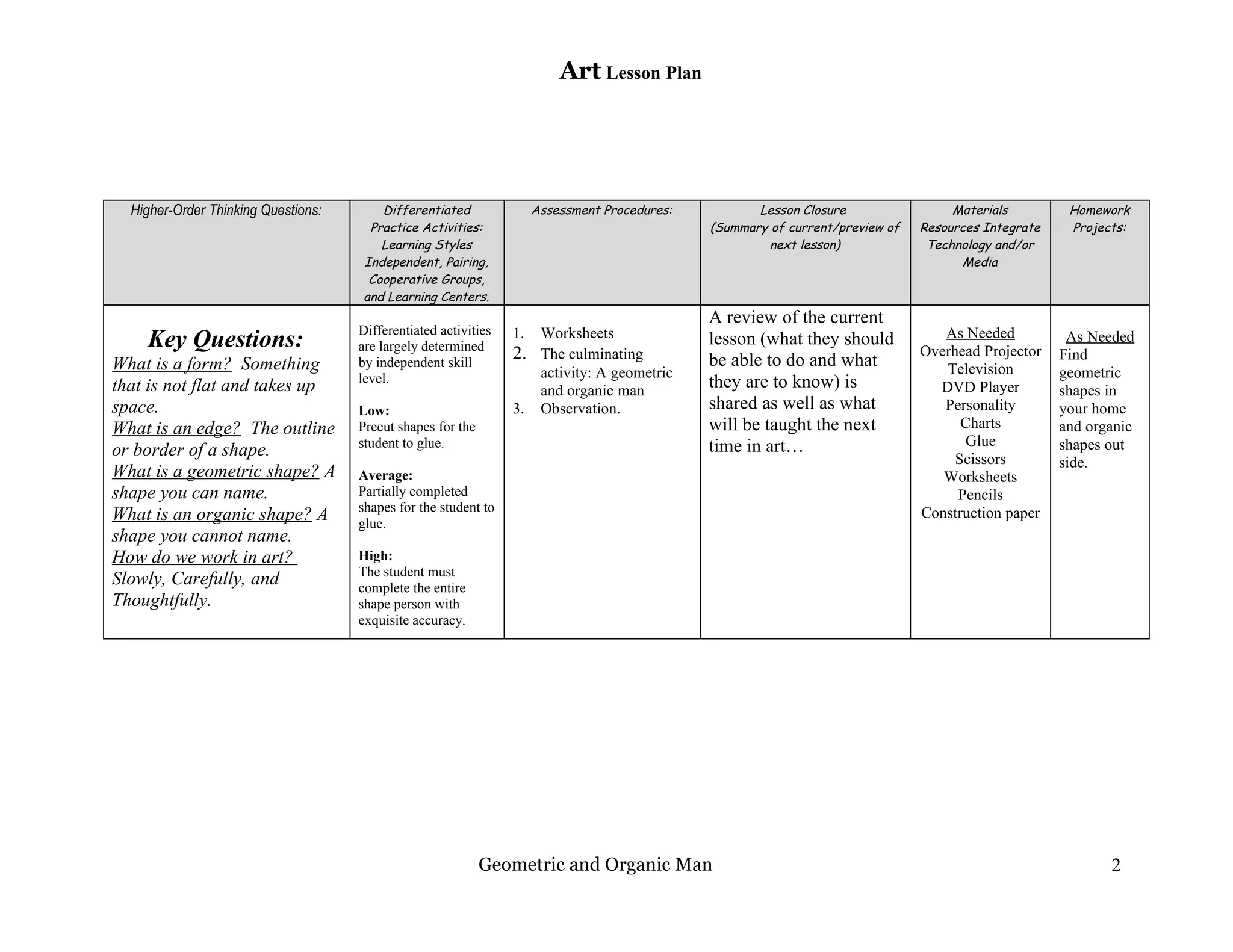 00 Kindergarten Geometric And Organic Man | DOC