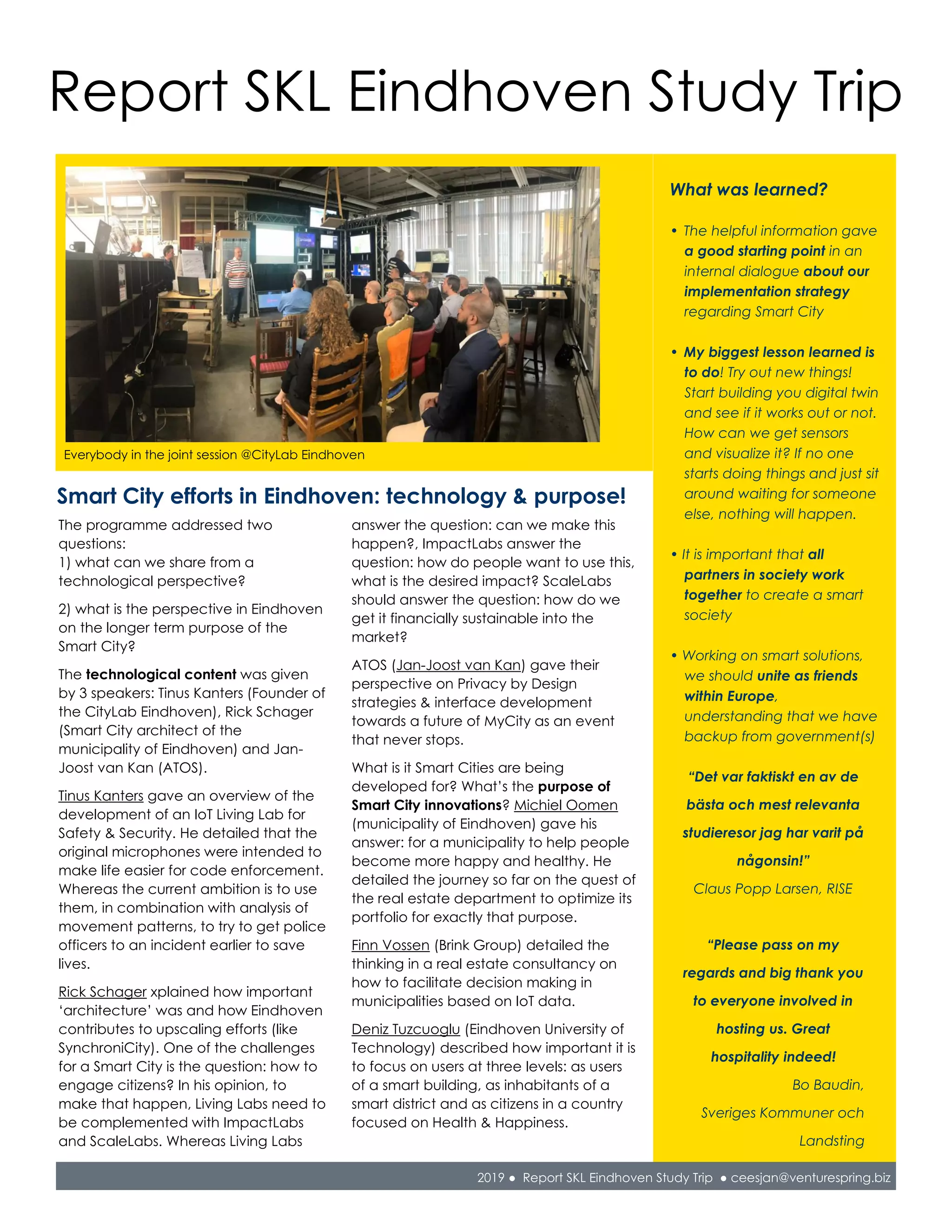 Study Trip Report (by Swedish Cities and SKR) to CityLab Eindhoven | PDF