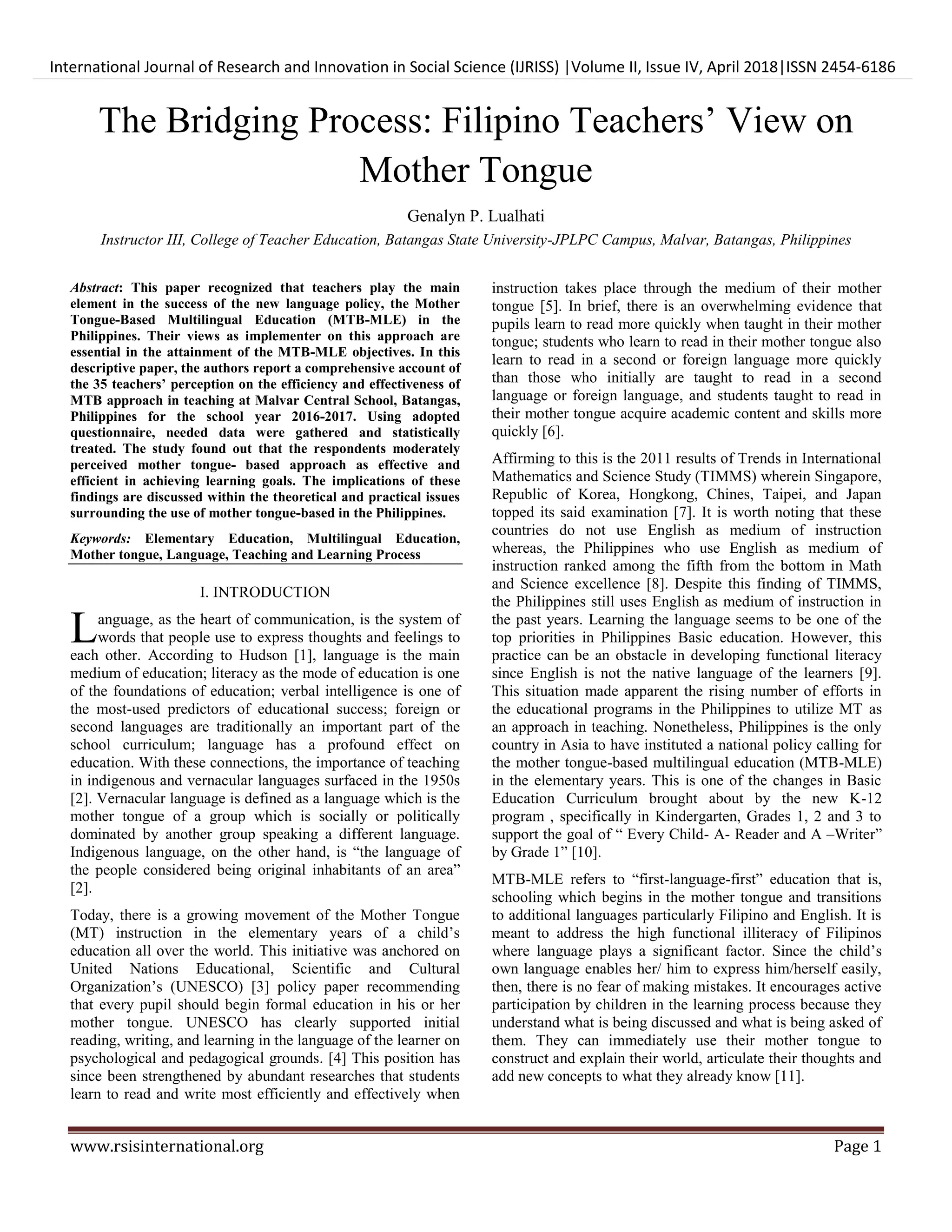 The Bridging Process: Filipino Teachers’ View on Mother Tongue | PDF