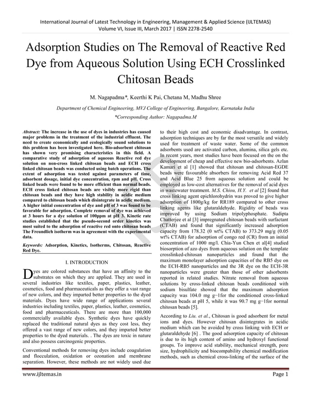 Adsorption Studies on The Removal of Reactive Red Dye from Aqueous Solution Using ECH ...