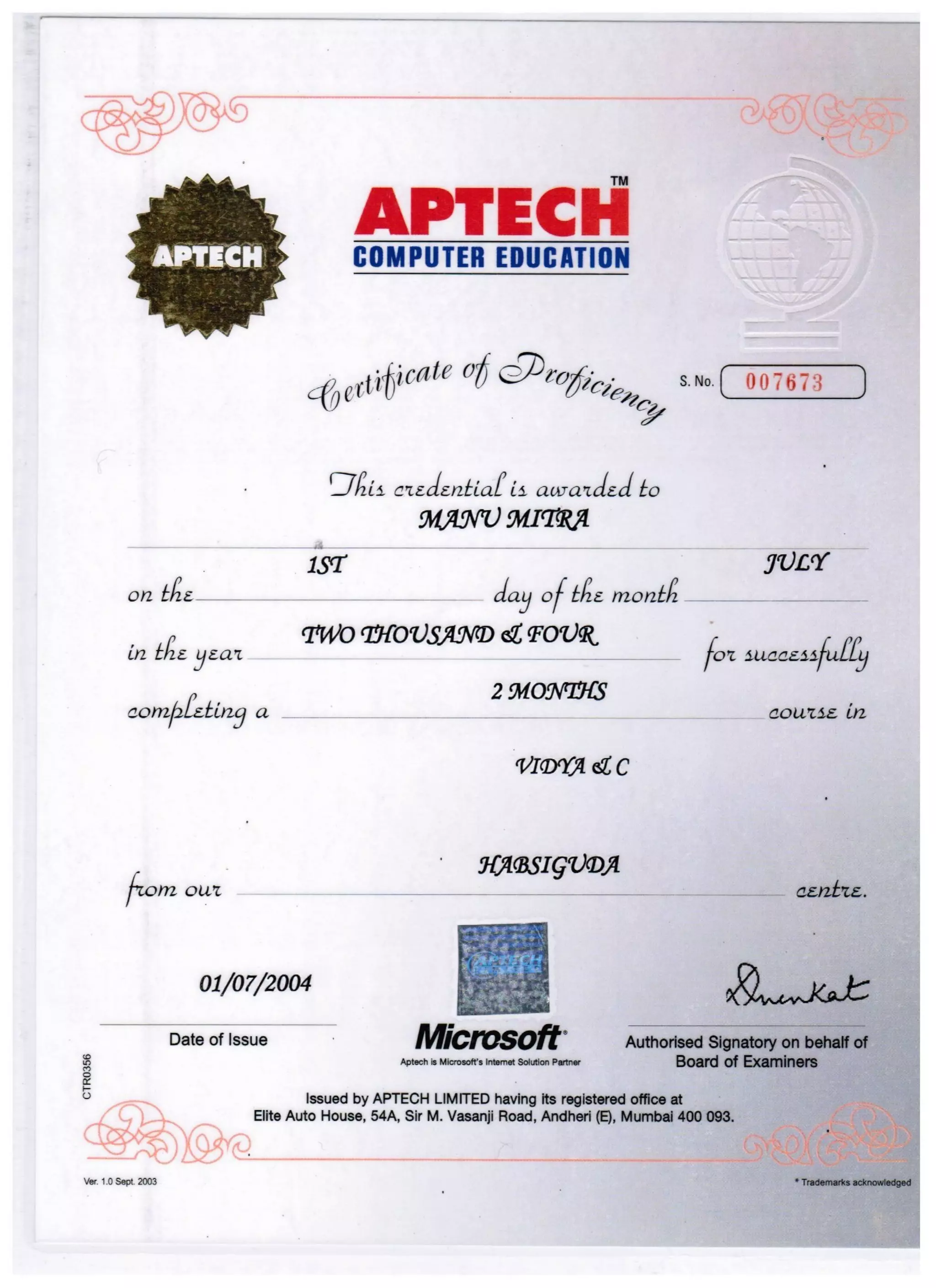 Aptech MS Office and C Certificate | PDF