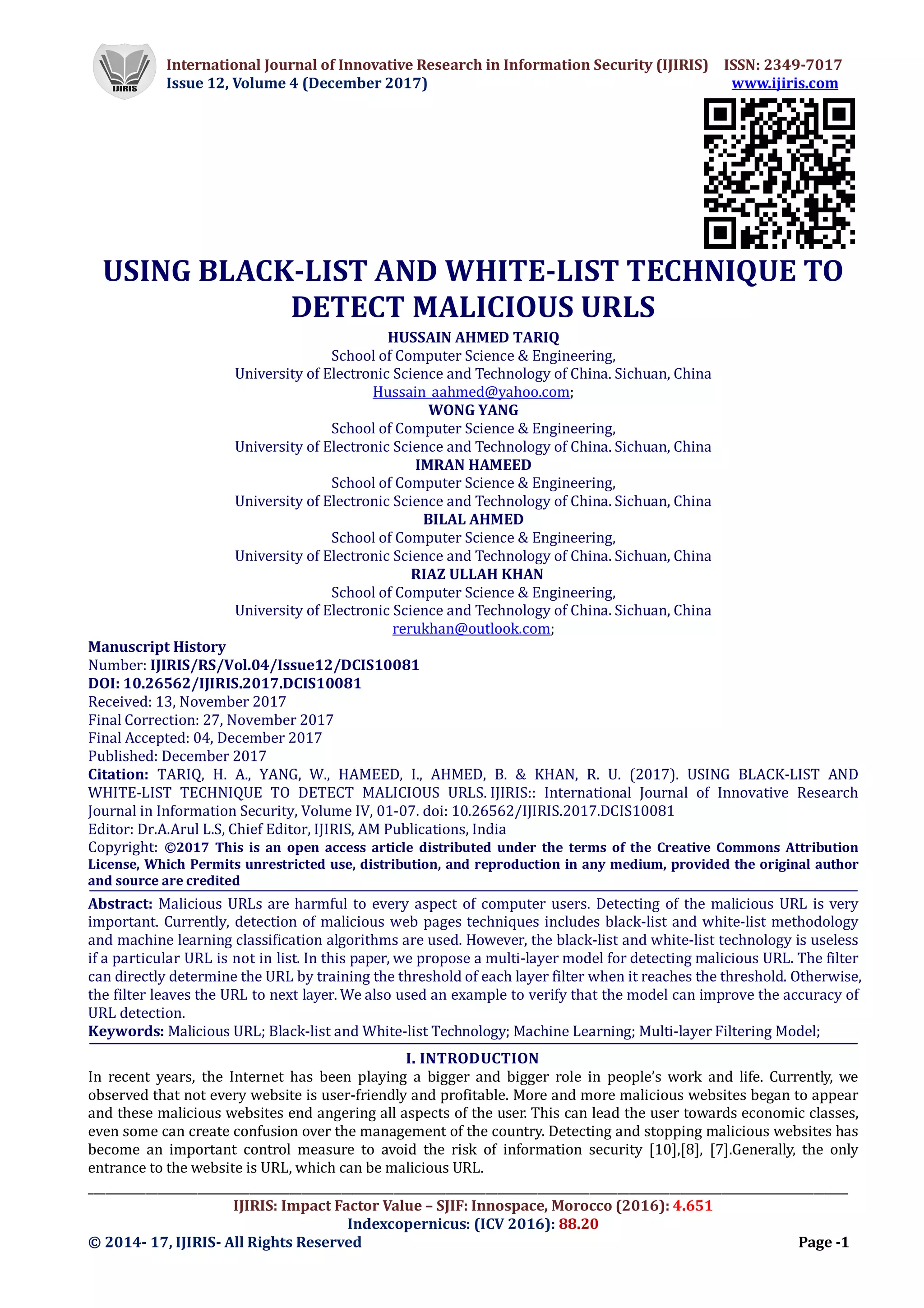 USING BLACK-LIST AND WHITE-LIST TECHNIQUE TO DETECT MALICIOUS URLS | PDF