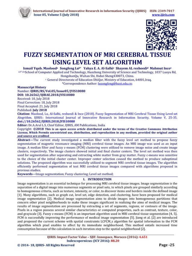 FUZZY SEGMENTATION OF MRI CEREBRAL TISSUE USING LEVEL SET ALGORITHM | PDF