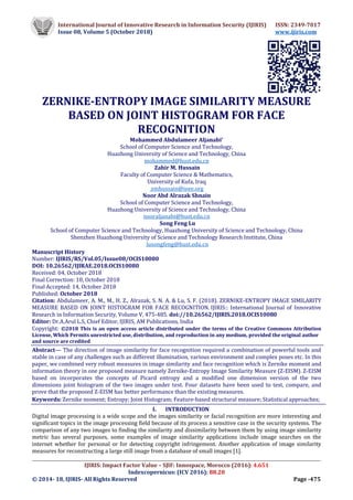ZERNIKE-ENTROPY IMAGE SIMILARITY MEASURE BASED ON JOINT HISTOGRAM FOR FACE RECOGNITION | PDF