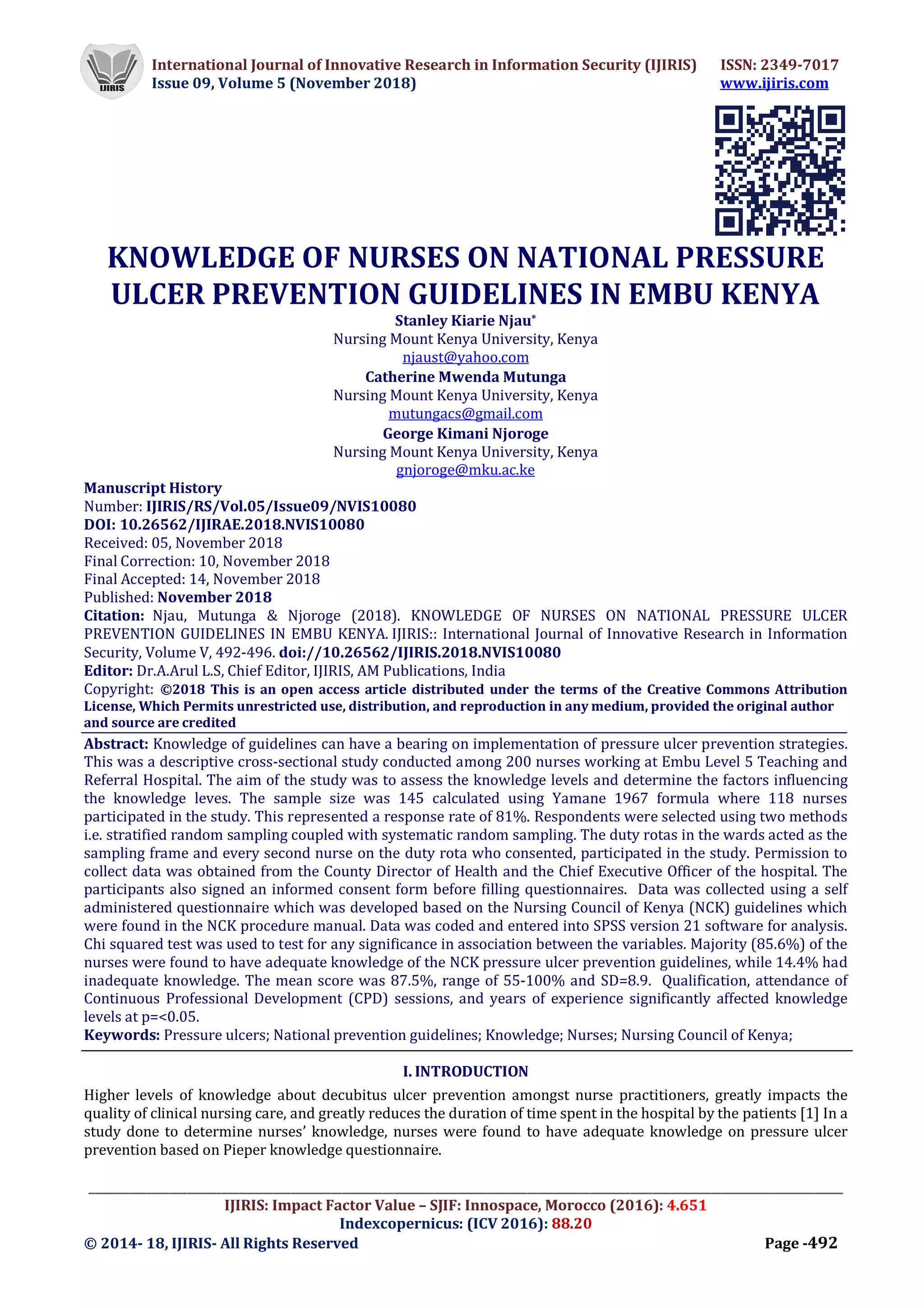 KNOWLEDGE OF NURSES ON NATIONAL PRESSURE ULCER PREVENTION GUIDELINES IN EMBU KENYA | PDF