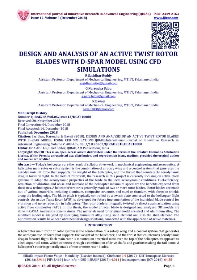 DESIGN AND ANALYSIS OF AN ACTIVE TWIST ROTOR BLADES WITH D-SPAR MODEL USING CFD SIMULATIONS ...