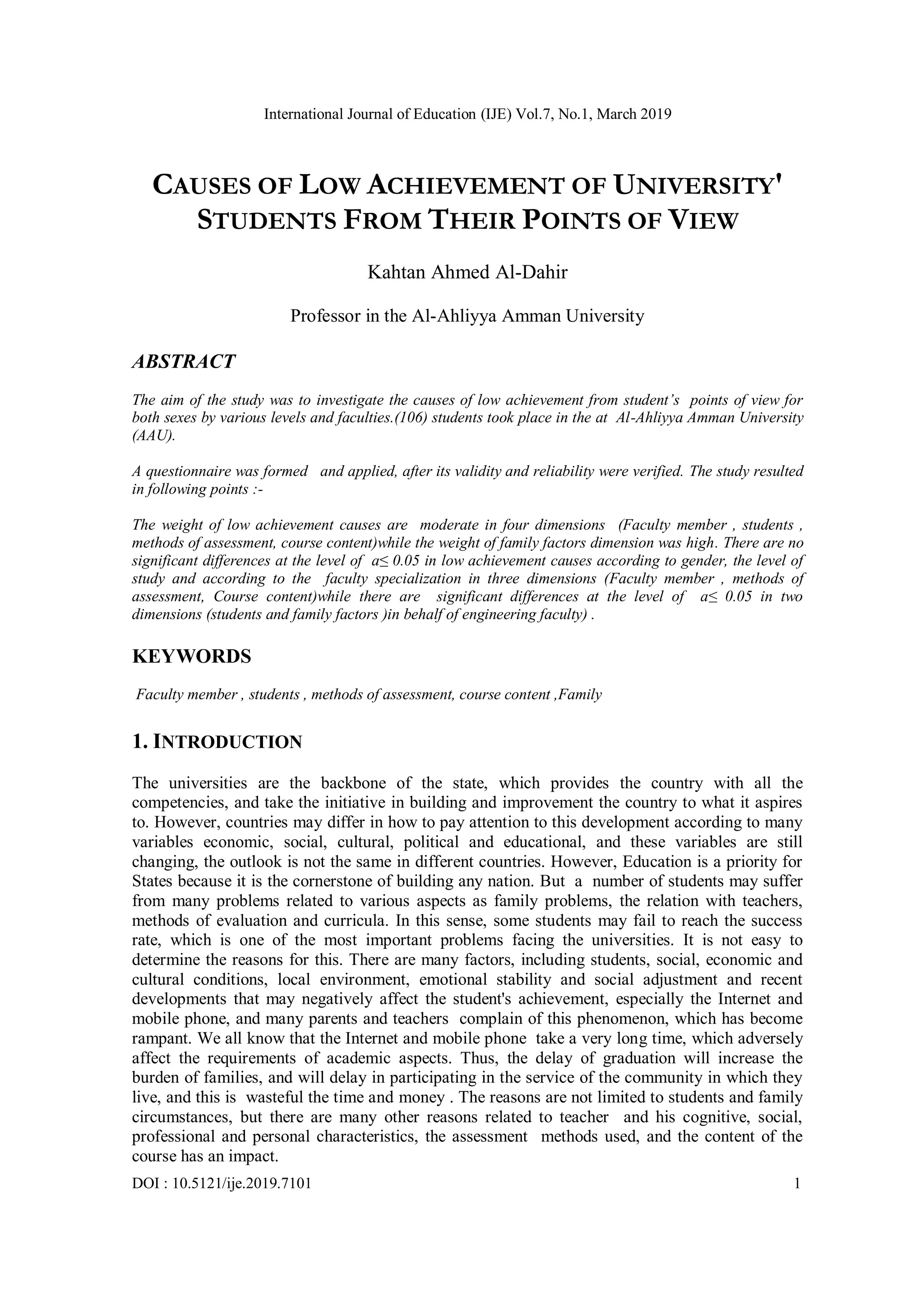 Causes of Low Achievement of University' Students from Their Points of ...