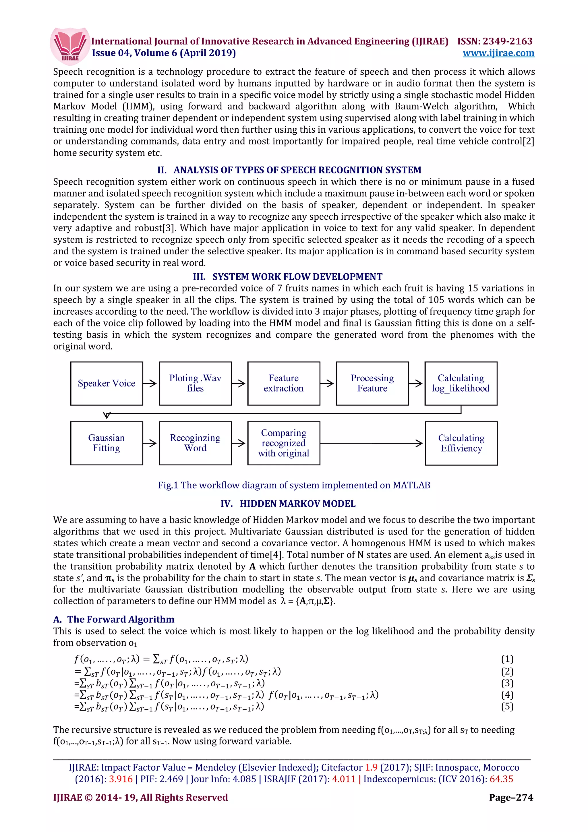 HMM APPLICATION IN ISOLATED WORD SPEECH RECOGNITION | PDF