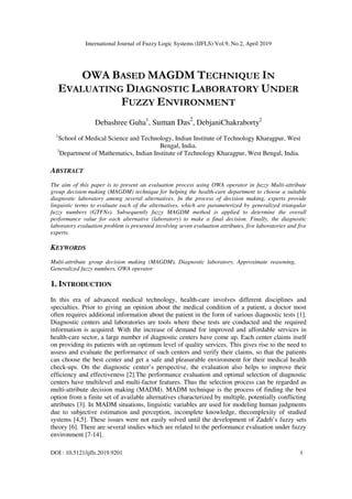 OWA BASED MAGDM TECHNIQUE IN EVALUATING DIAGNOSTIC LABORATORY UNDER FUZZY ENVIRONMENT | PDF