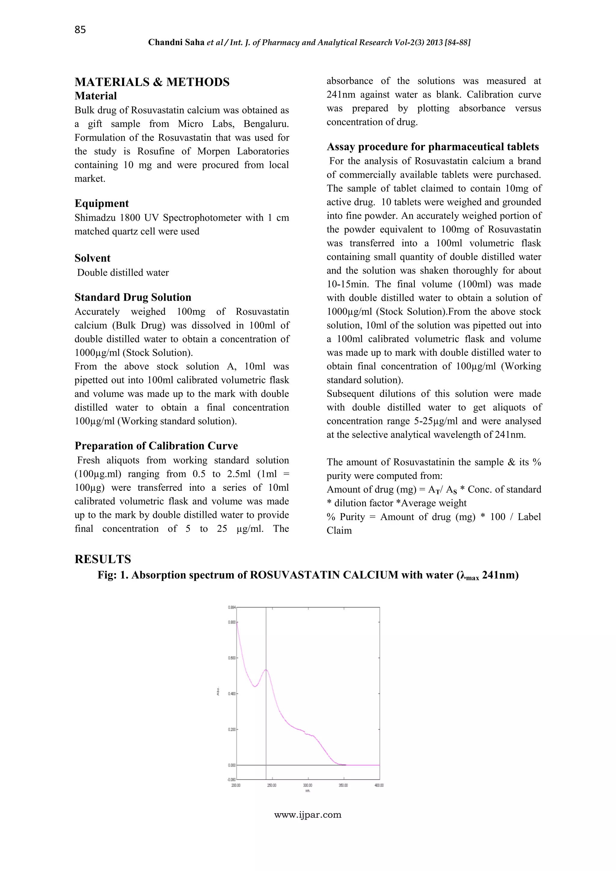 Spectrophotometric Estimation of Rosuvastatin Calcium in Bulk and ...