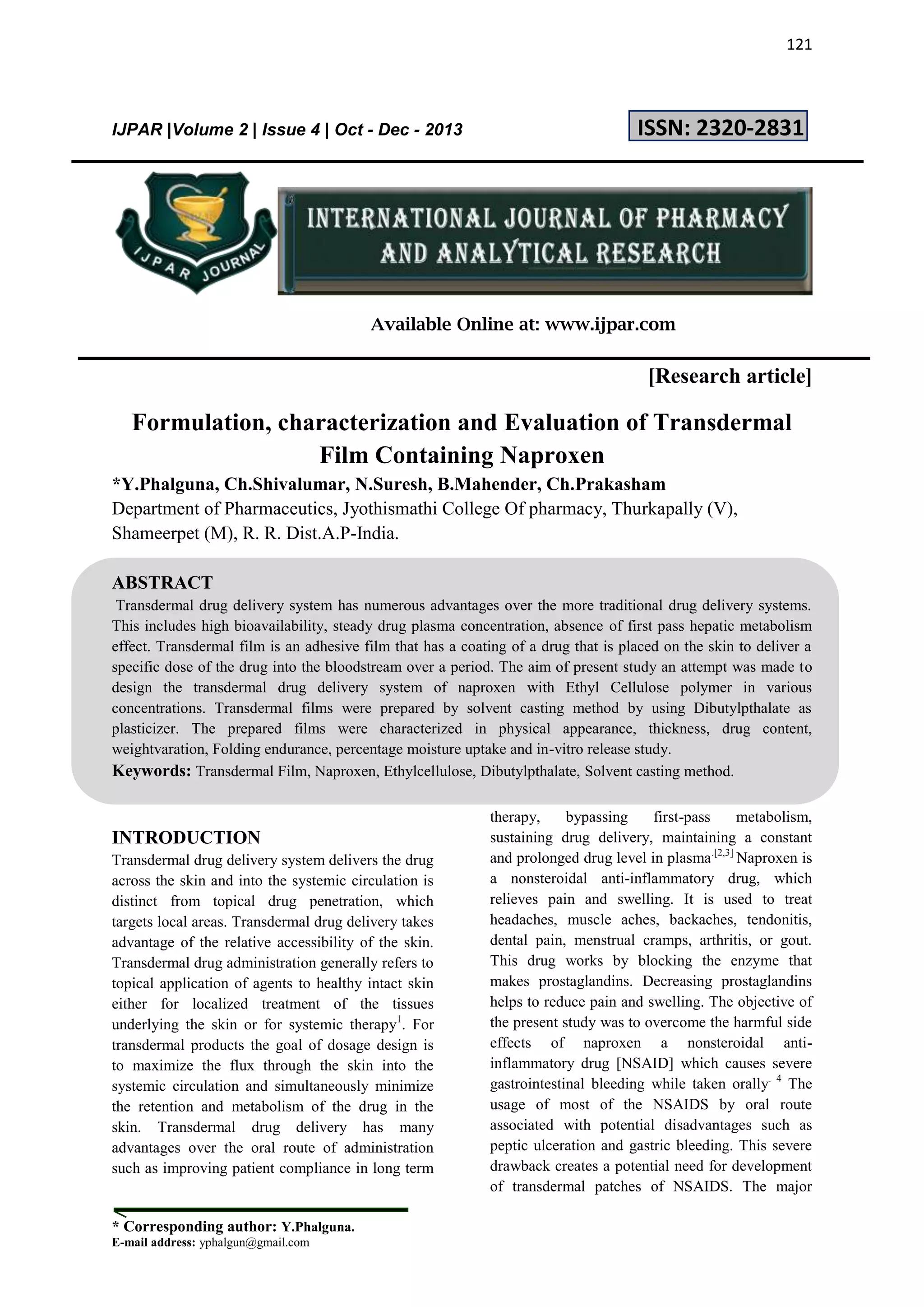 Formulation, characterization and Evaluation of Transdermal Film ...