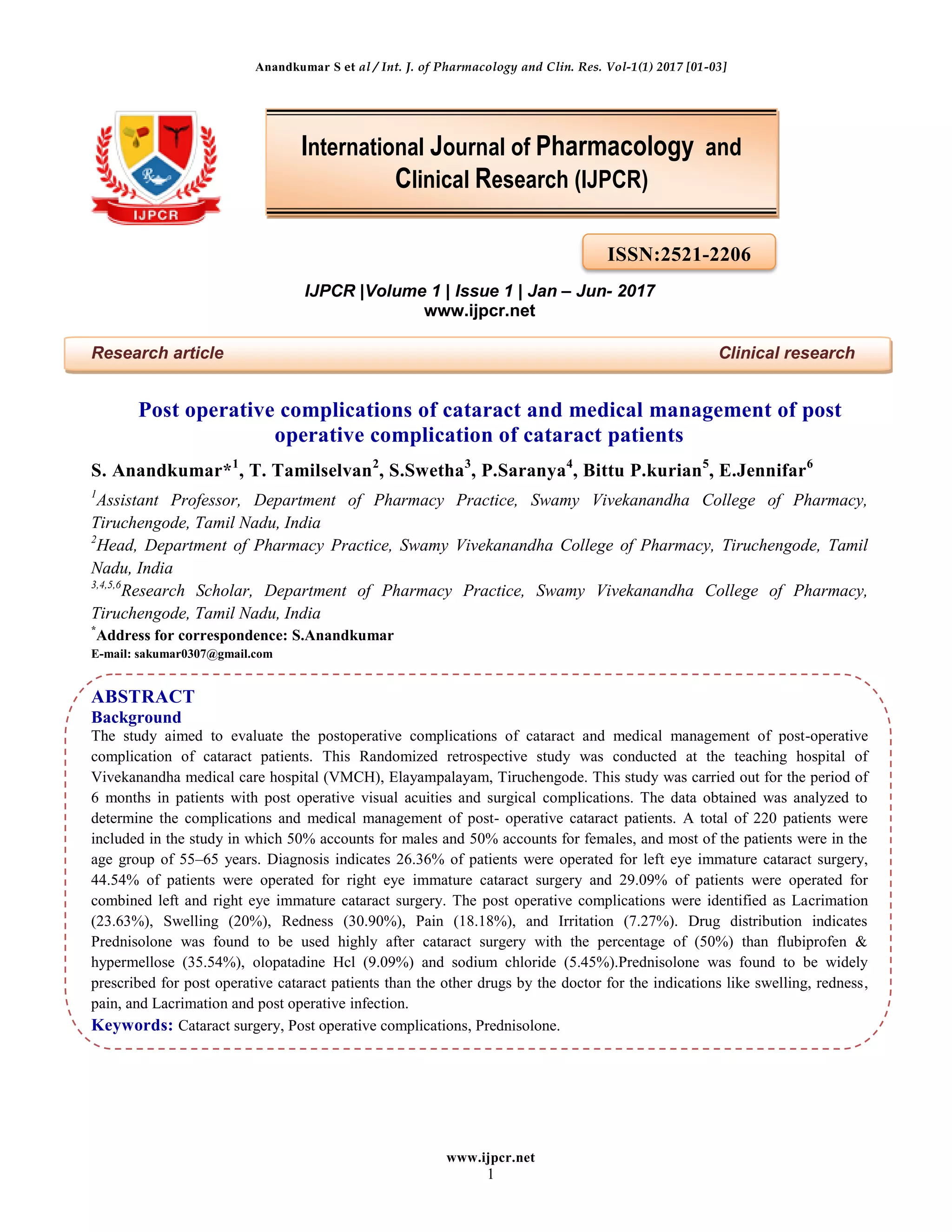 Post operative complications of cataract and medical management of post ...