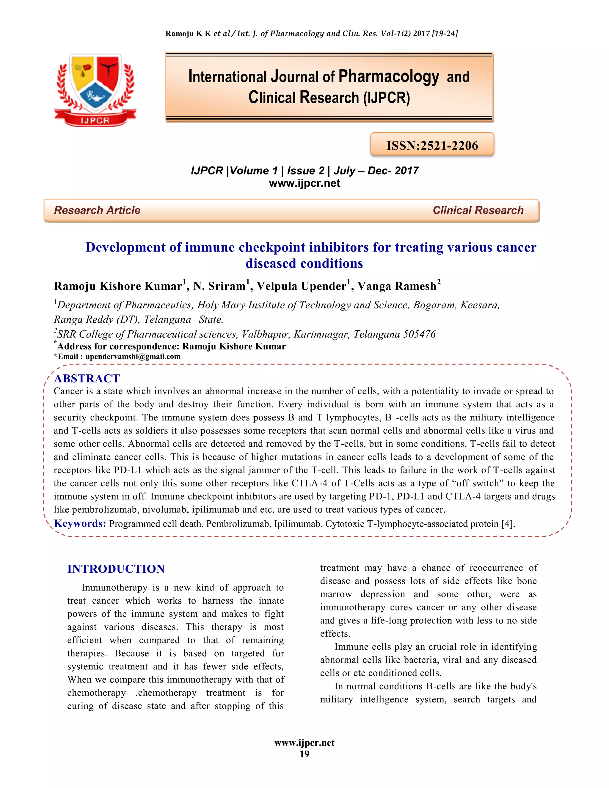 Development of immune checkpoint inhibitors for treating various cancer ...