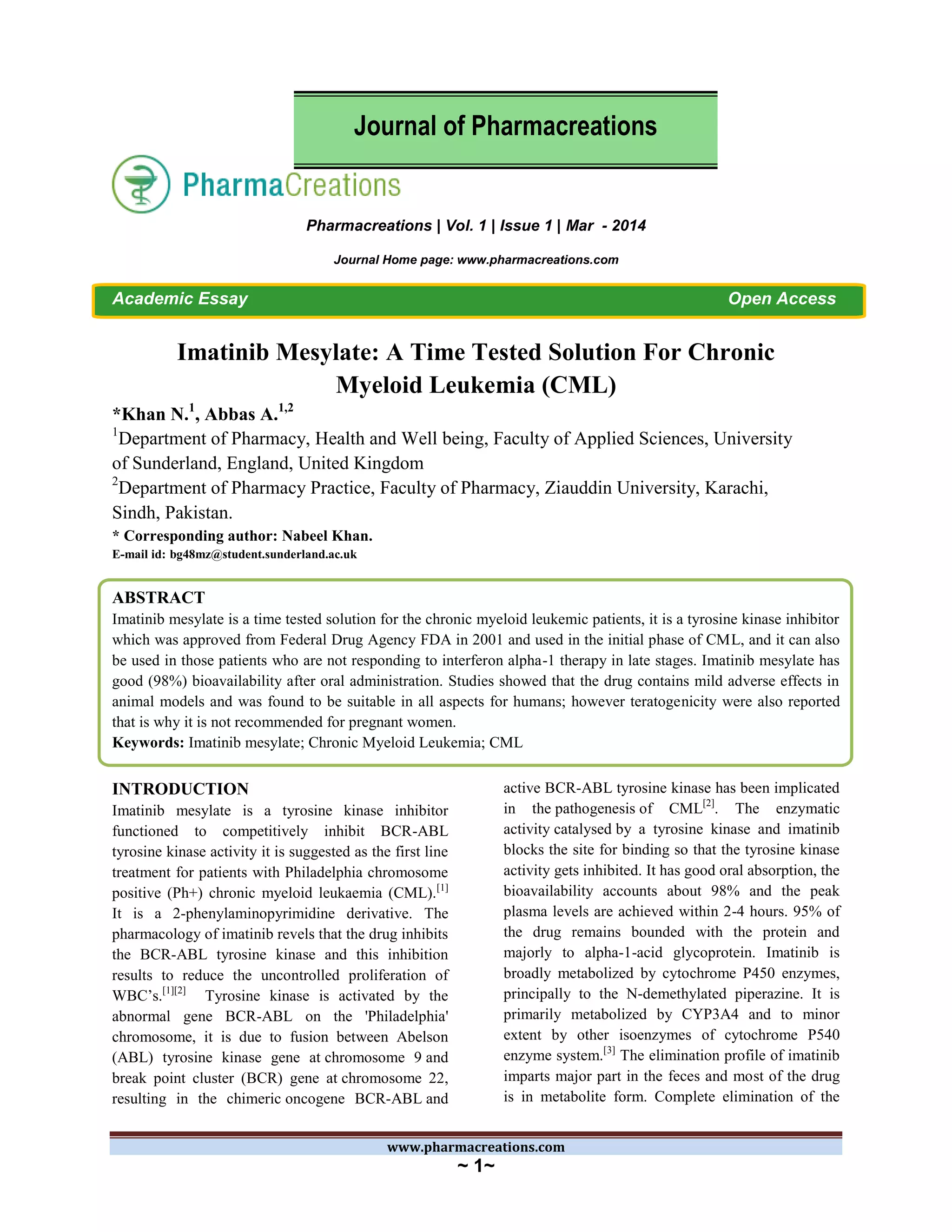 Imatinib Mesylate: A Time Tested Solution For Chronic Myeloid Leukemia ...