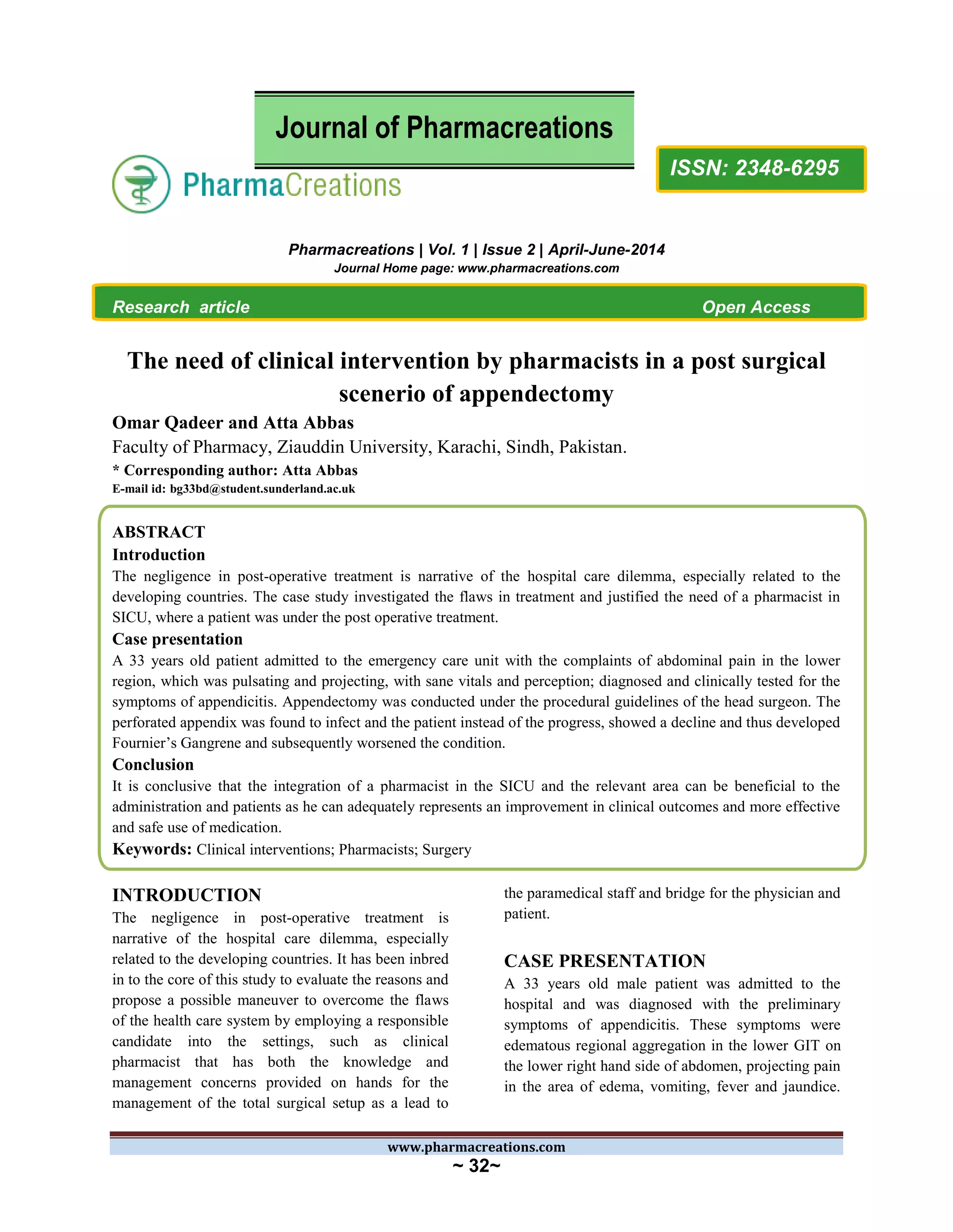 The need of clinical intervention by pharmacists in a post surgical ...