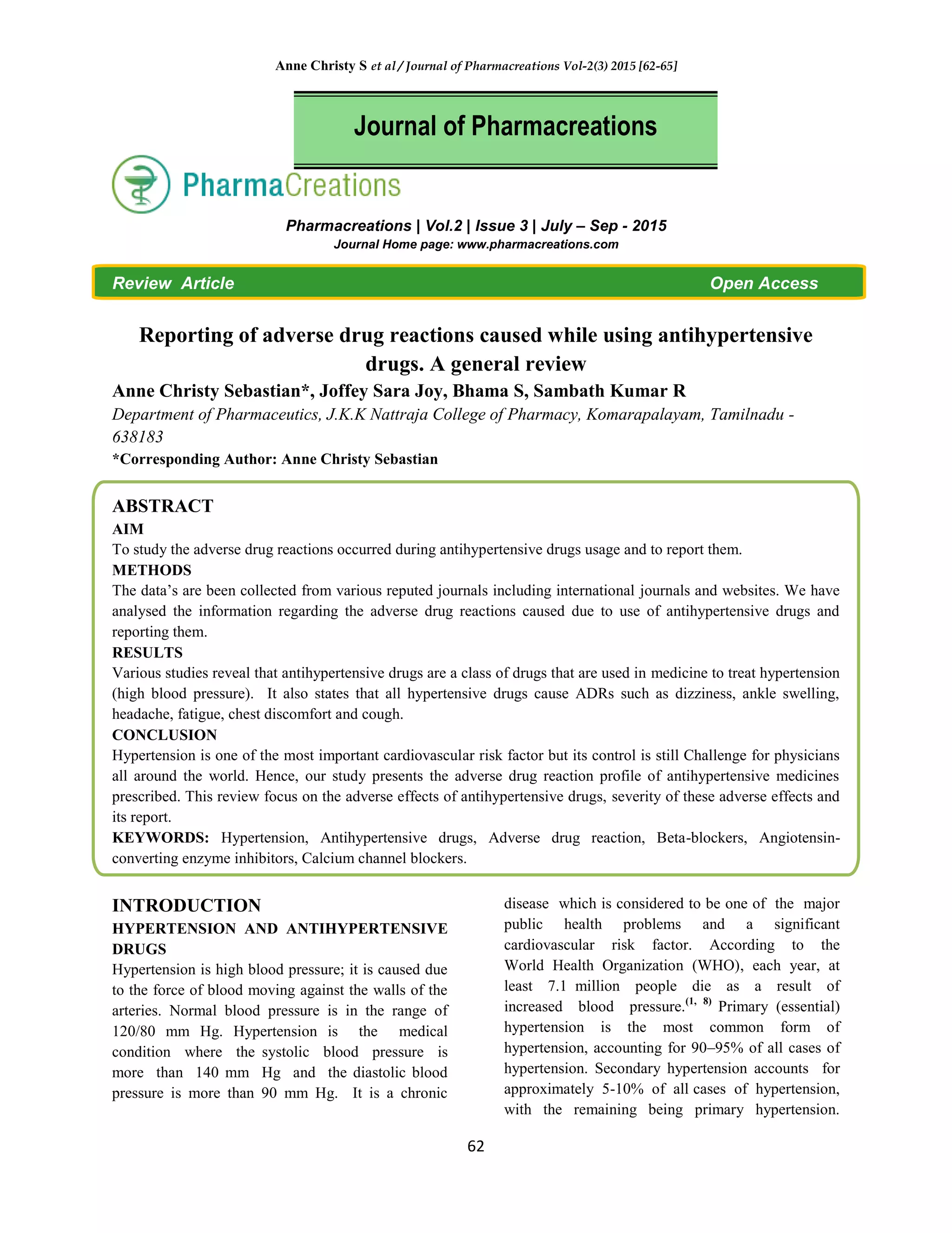 Reporting of adverse drug reactions caused while using antihypertensive ...
