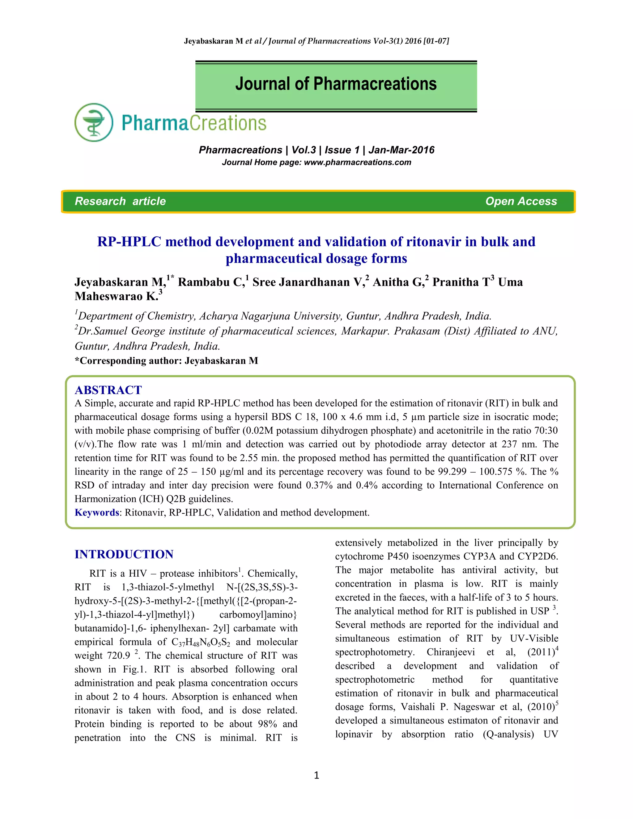 RP-HPLC method development and validation of ritonavir in bulk and pharmaceutical dosage forms | PDF