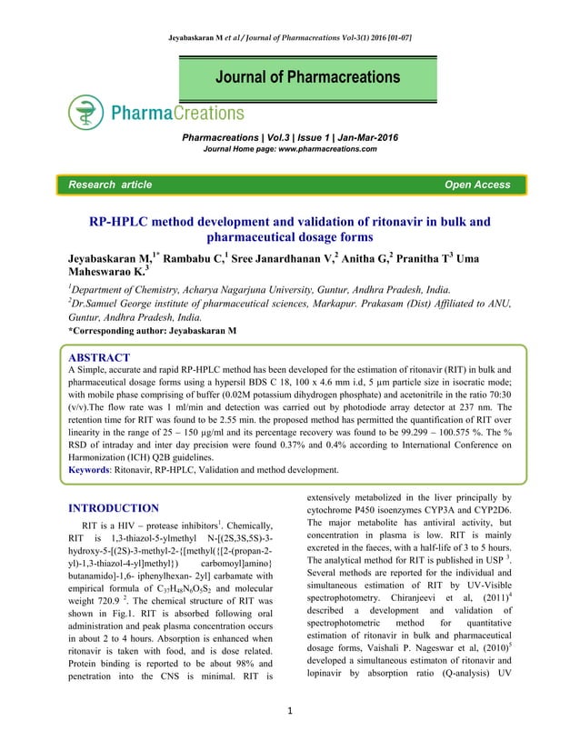 RP-HPLC method development and validation of ritonavir in bulk and pharmaceutical dosage forms ...