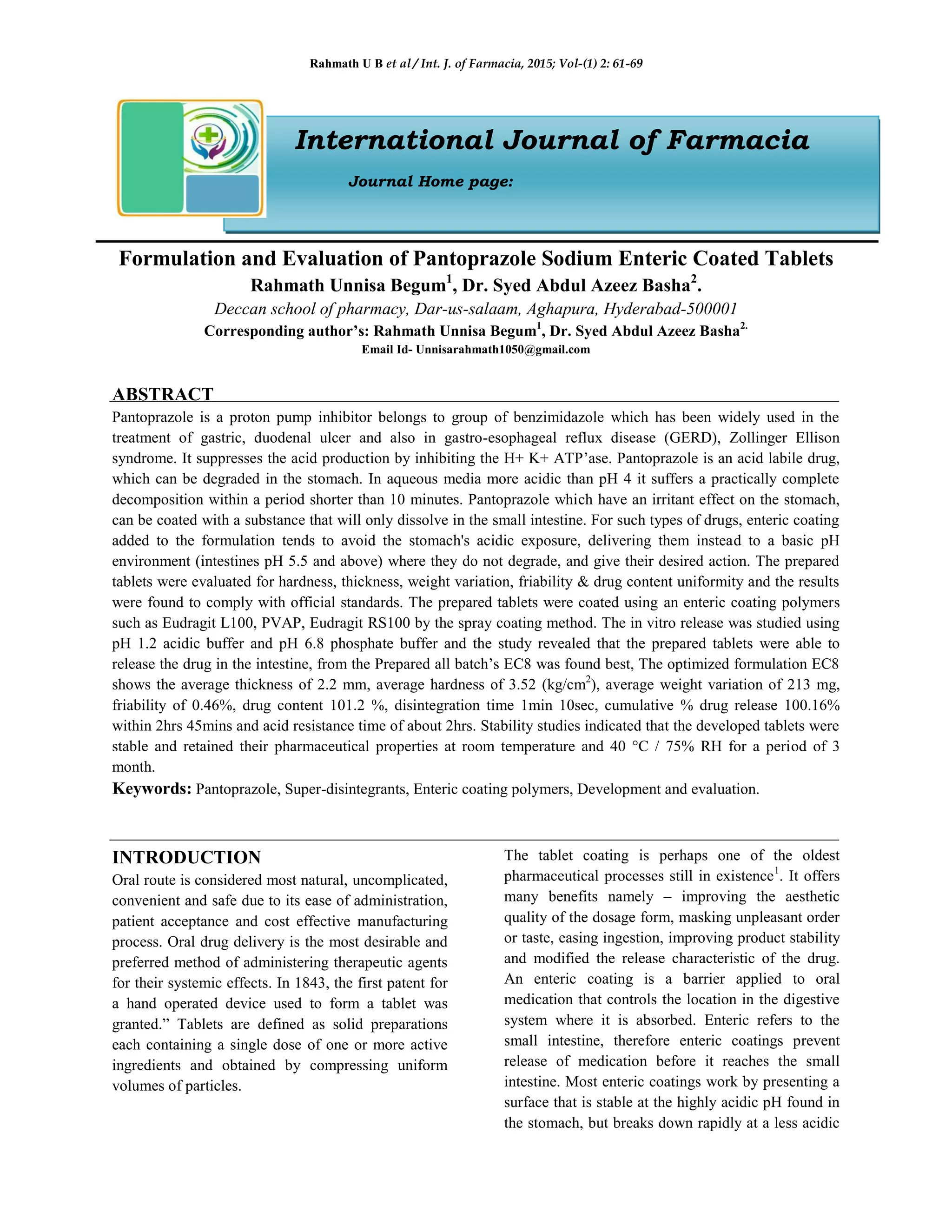 Formulation and Evaluation of Pantoprazole Sodium Enteric Coated ...