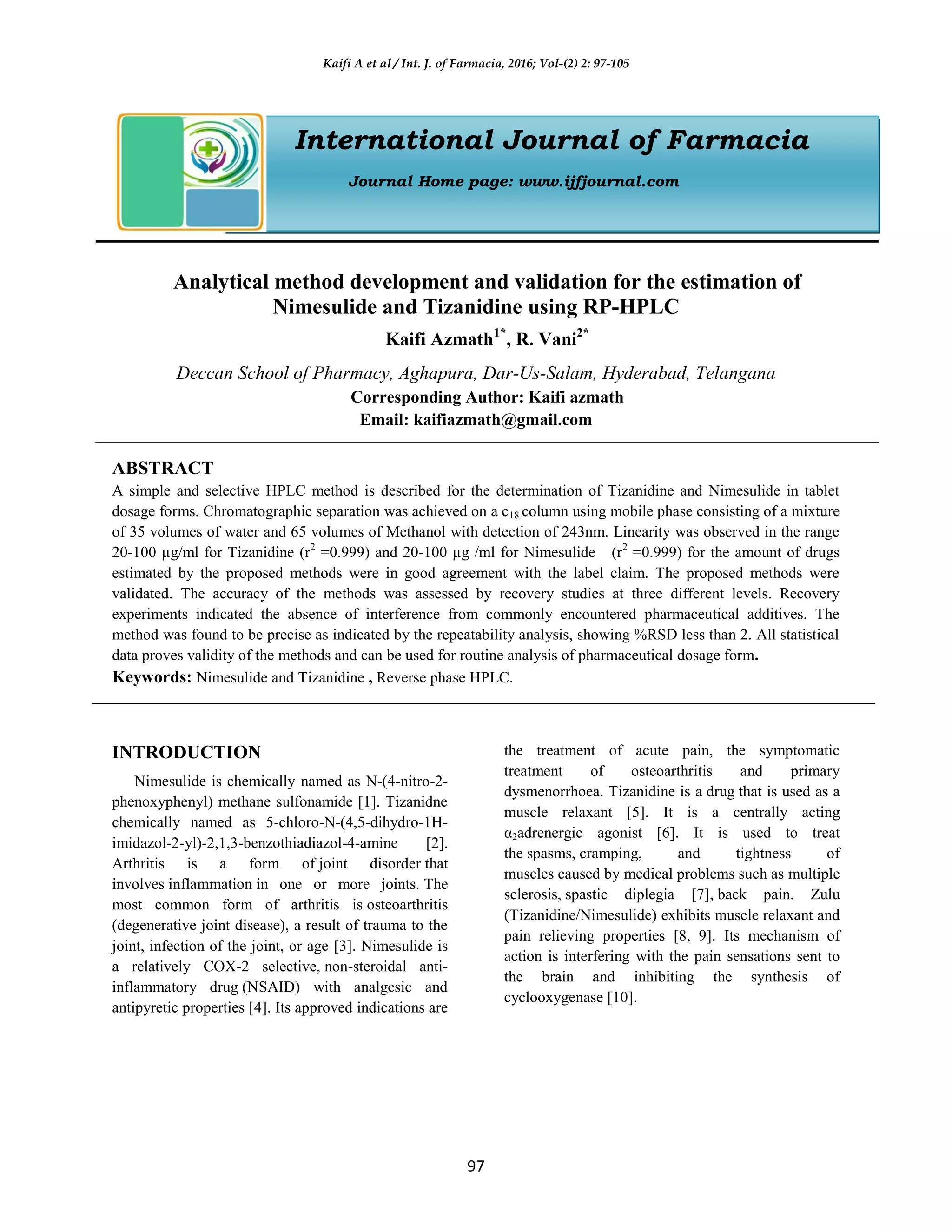 Analytical Method Development And Validation For The Estimation Of Nimesulide And Tizanidine