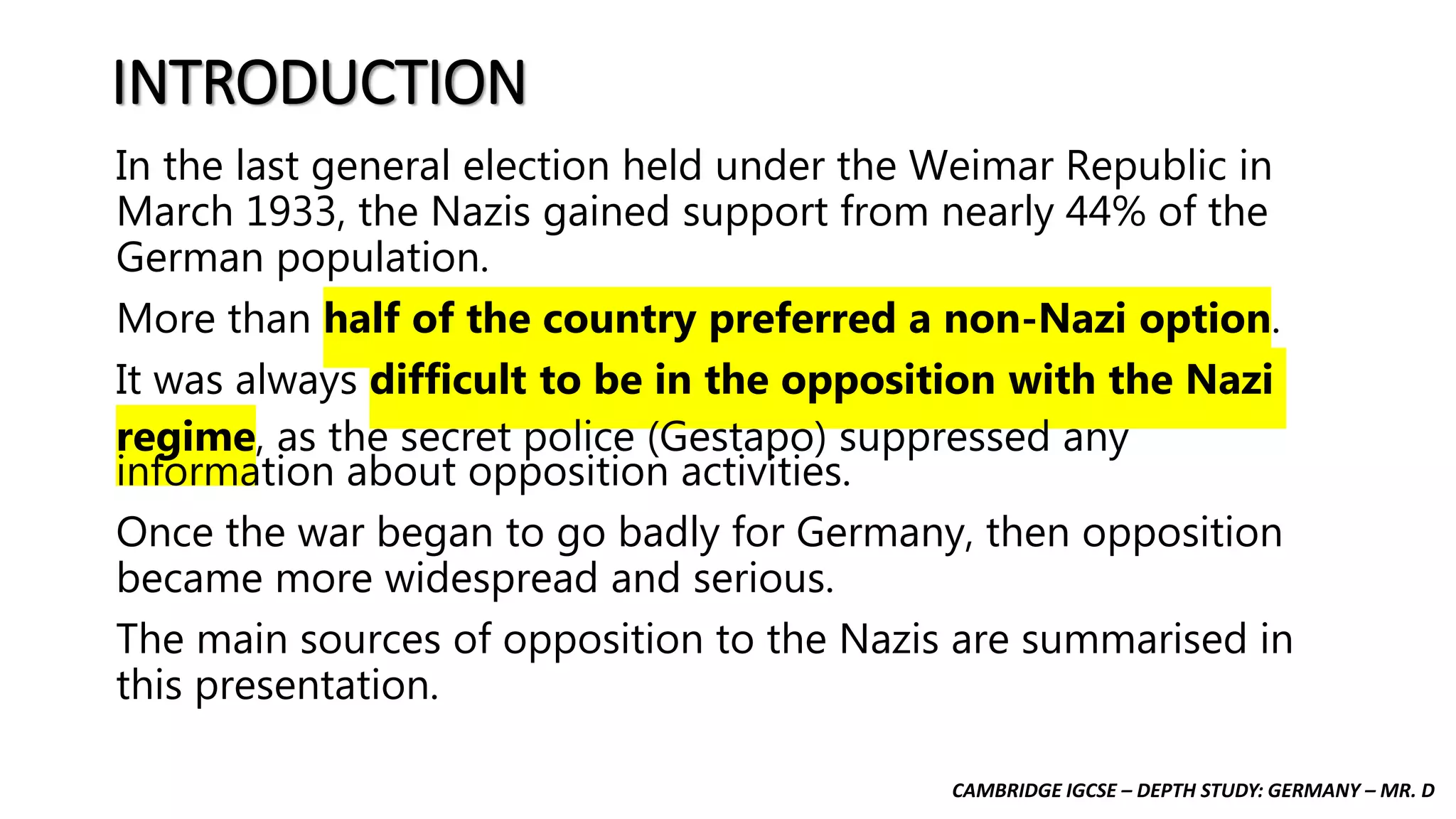 HISTORY IGCSE CONTENT - 20TH CENTURY OPTION - DEPTH STUDY GERMANY: THE ...