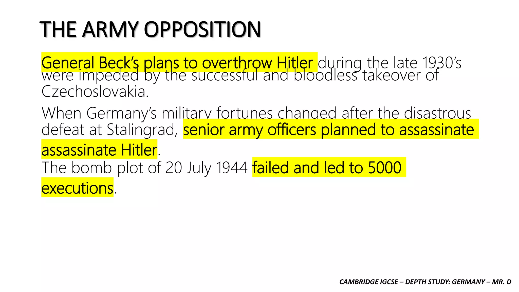 HISTORY IGCSE CONTENT - 20TH CENTURY OPTION - DEPTH STUDY GERMANY: THE ...