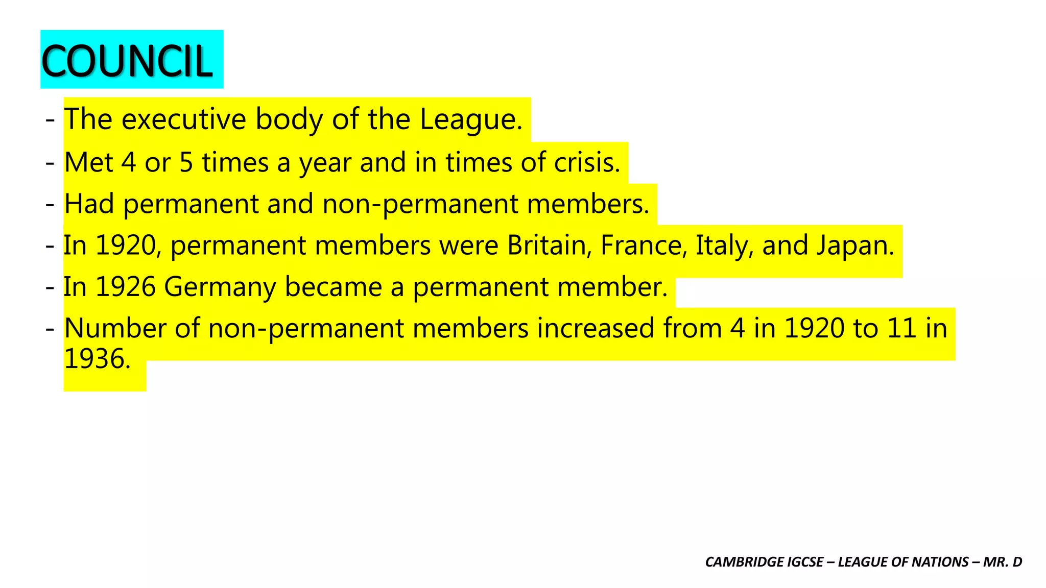 HISTORY IGCSE CONTENT - 20TH CENTURY OPTION - LEAGUE OF NATIONS: HOW ...