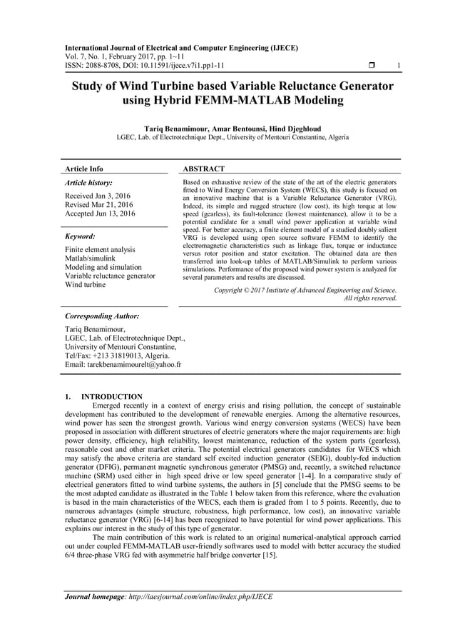 Study of Wind Turbine based Variable Reluctance Generator using Hybrid FEMM-MATLAB Modeling | PDF