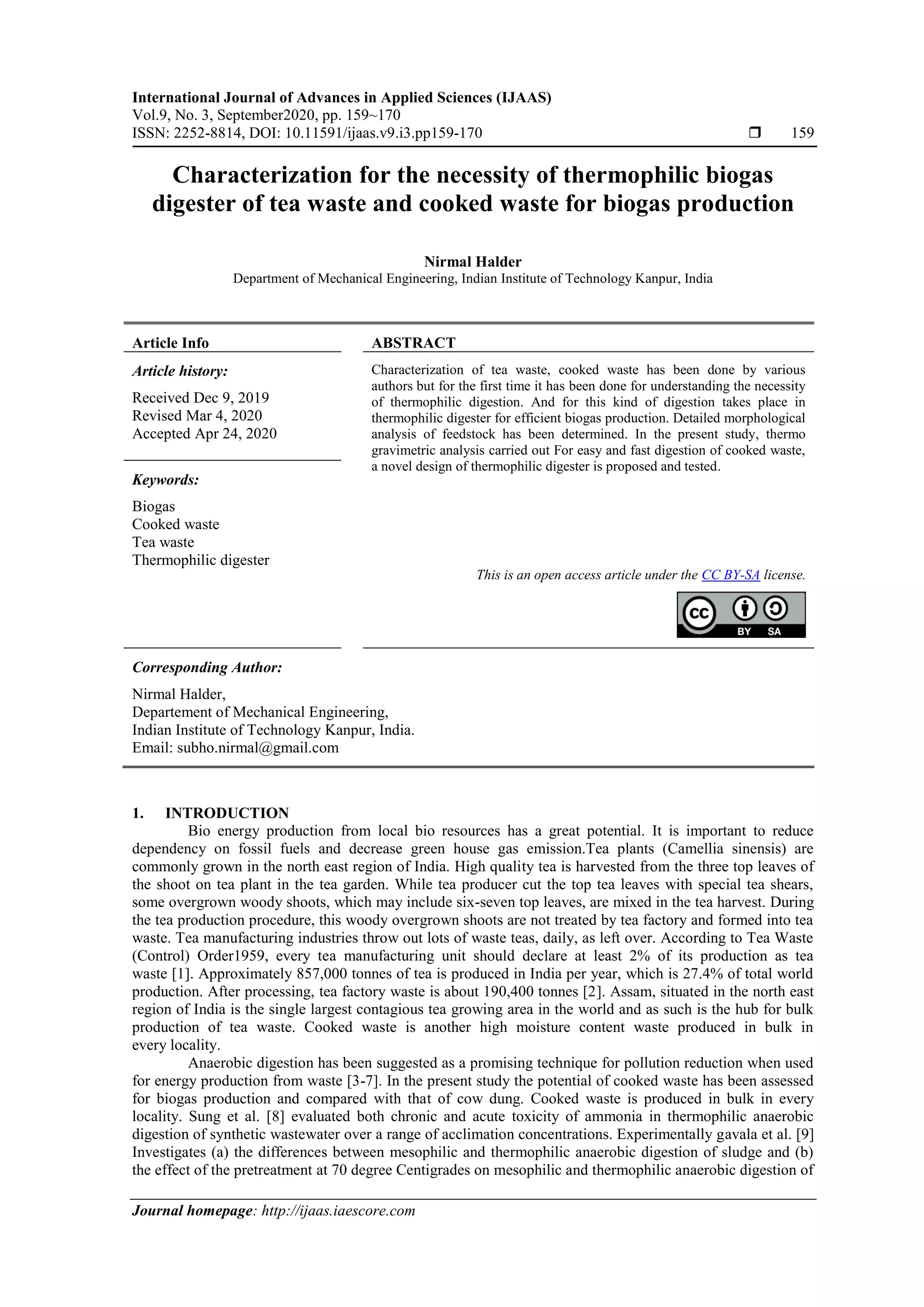 Characterization for the necessity of thermophilic biogas digester of tea waste and cooked waste ...