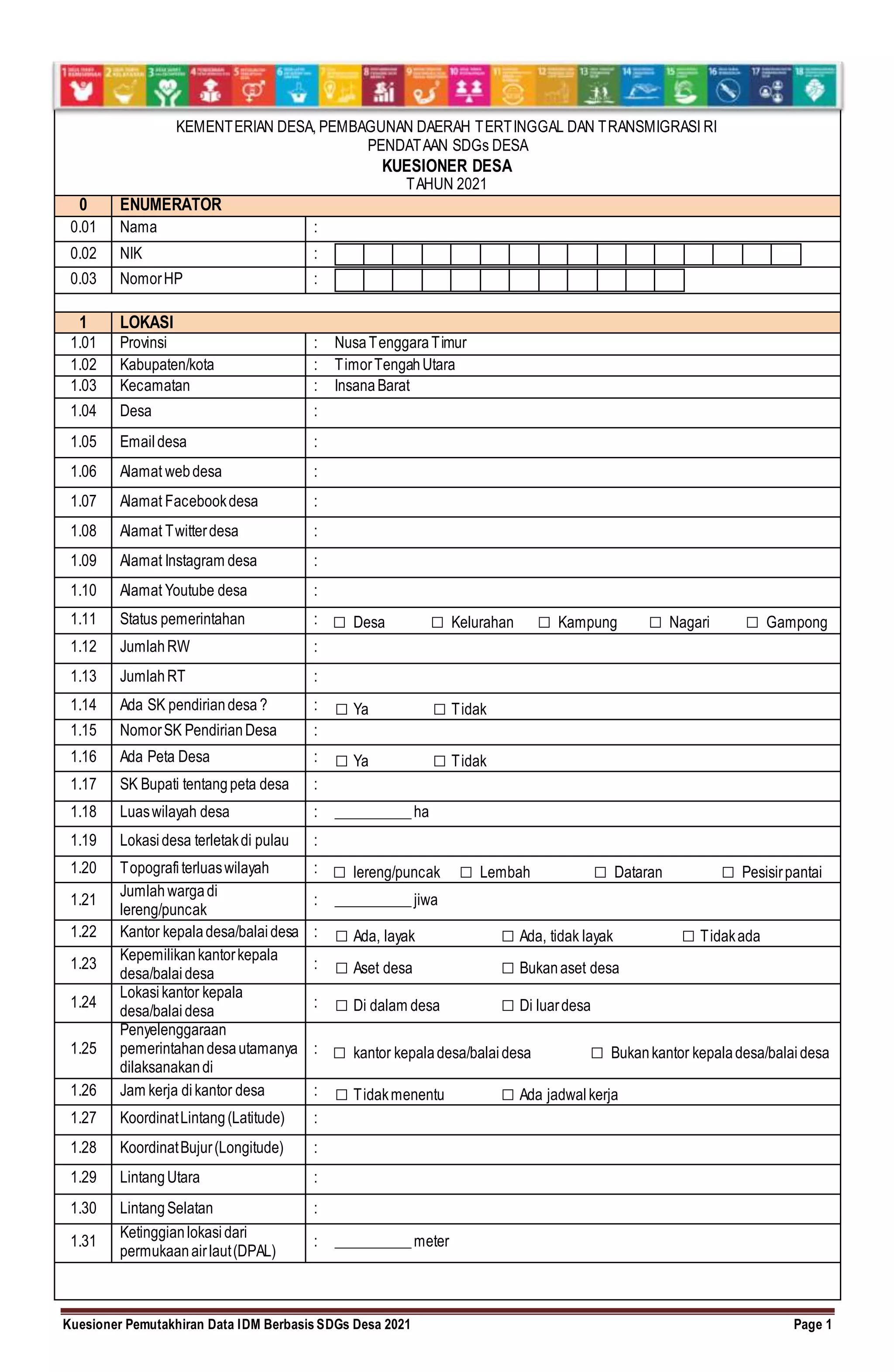 Kuesioner SGDs Desa Insana Barat Tingkat Desa | DOCX