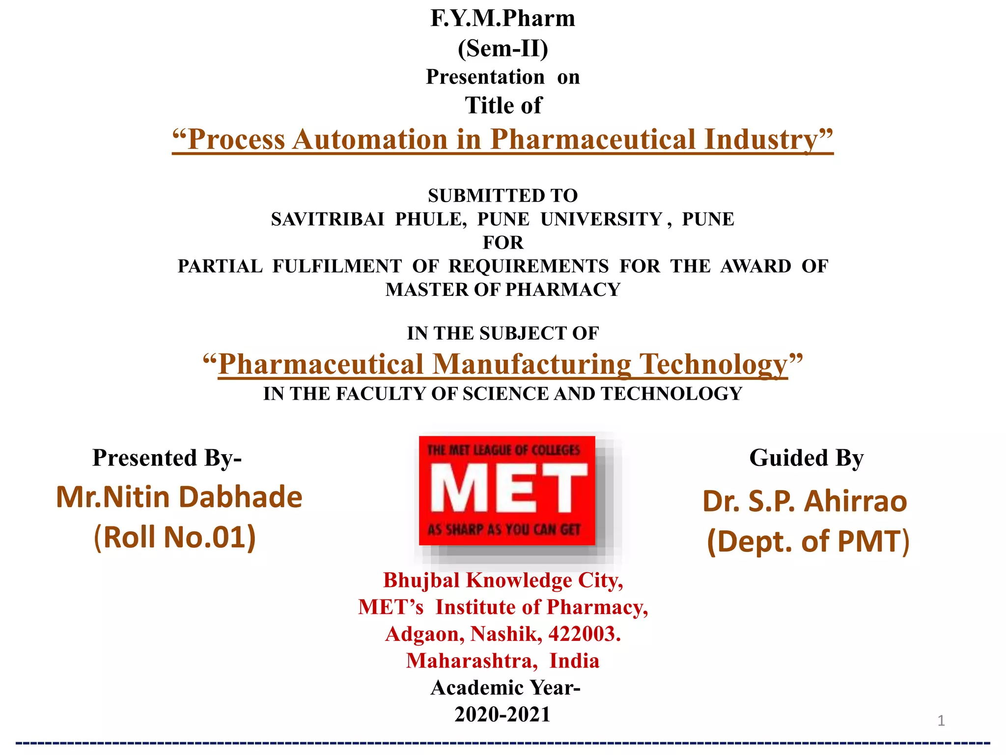 Process Automation in Pharm. Industry. | PPTX