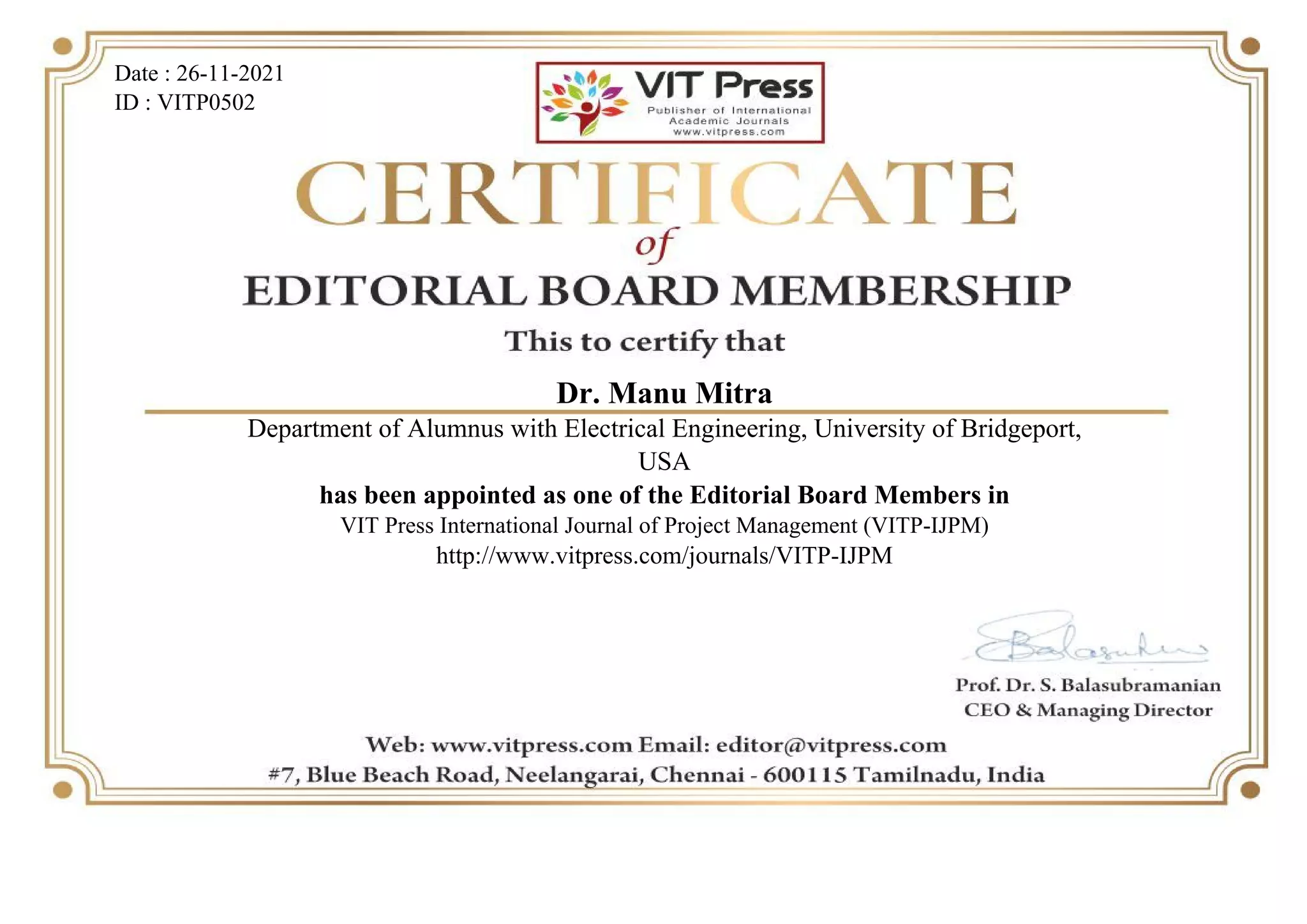 01. editorial board certificate (vitp-ijpm) | PDF