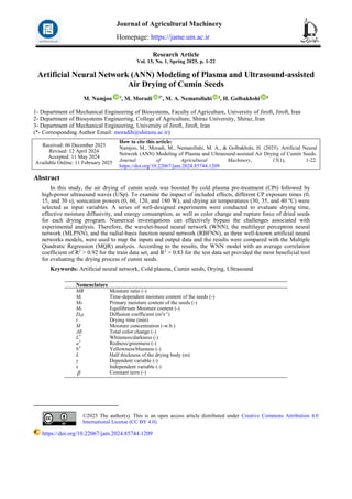 Artificial Neural Network (ANN) Modeling of Plasma and Ultrasound-assisted Air Drying of Cumin ...