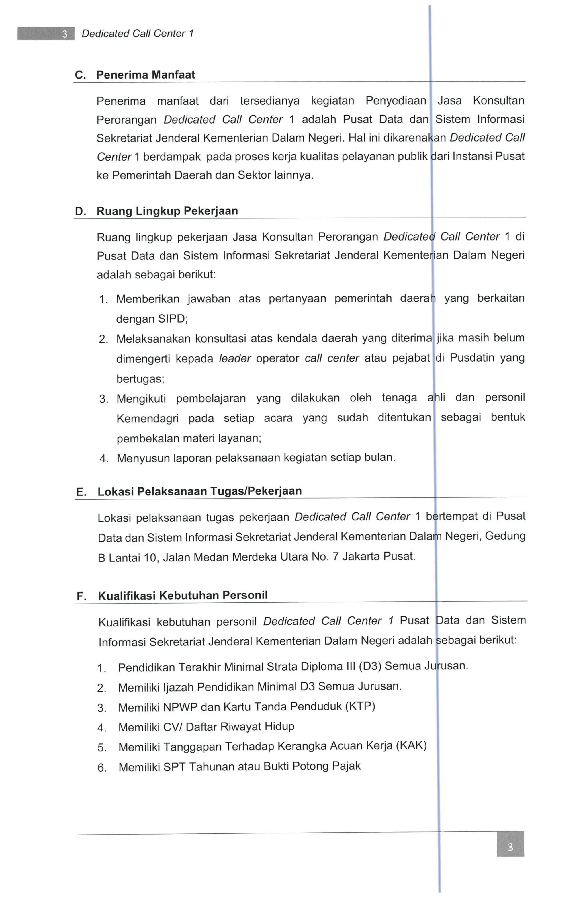 Contoh Kerangka Acuan Kerja Dedicated Call Center | PDF