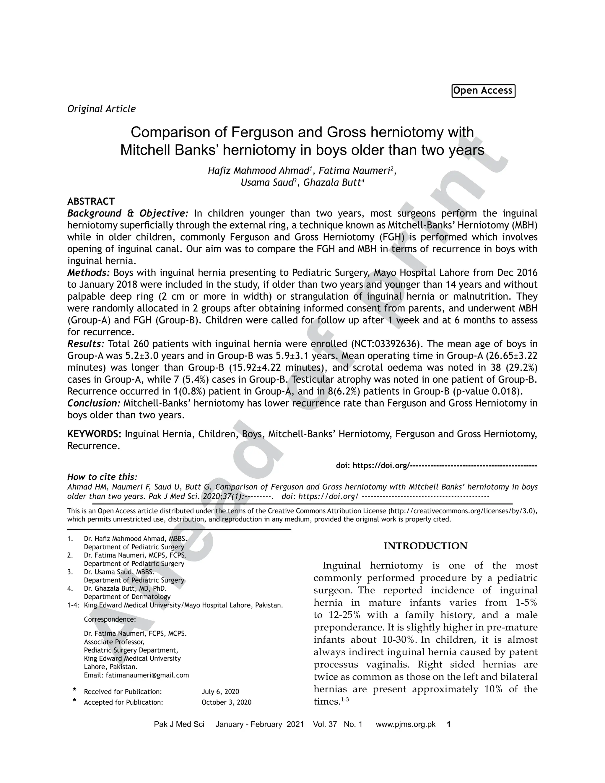 Comparison of Mitchell bank Vs Ferguson gross Herniotomy | PDF