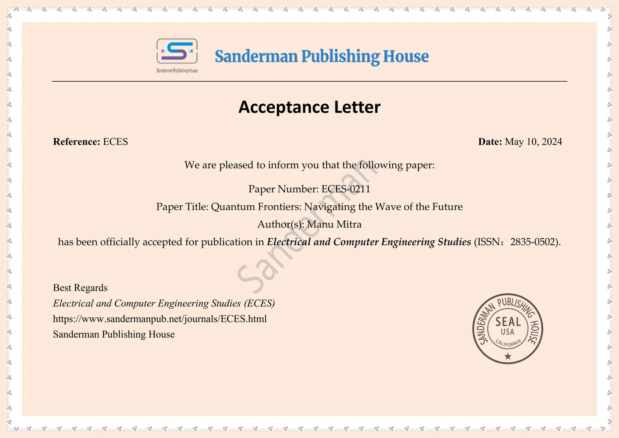 01. Sanderman Acceptance Letter ECES-0211 | PDF