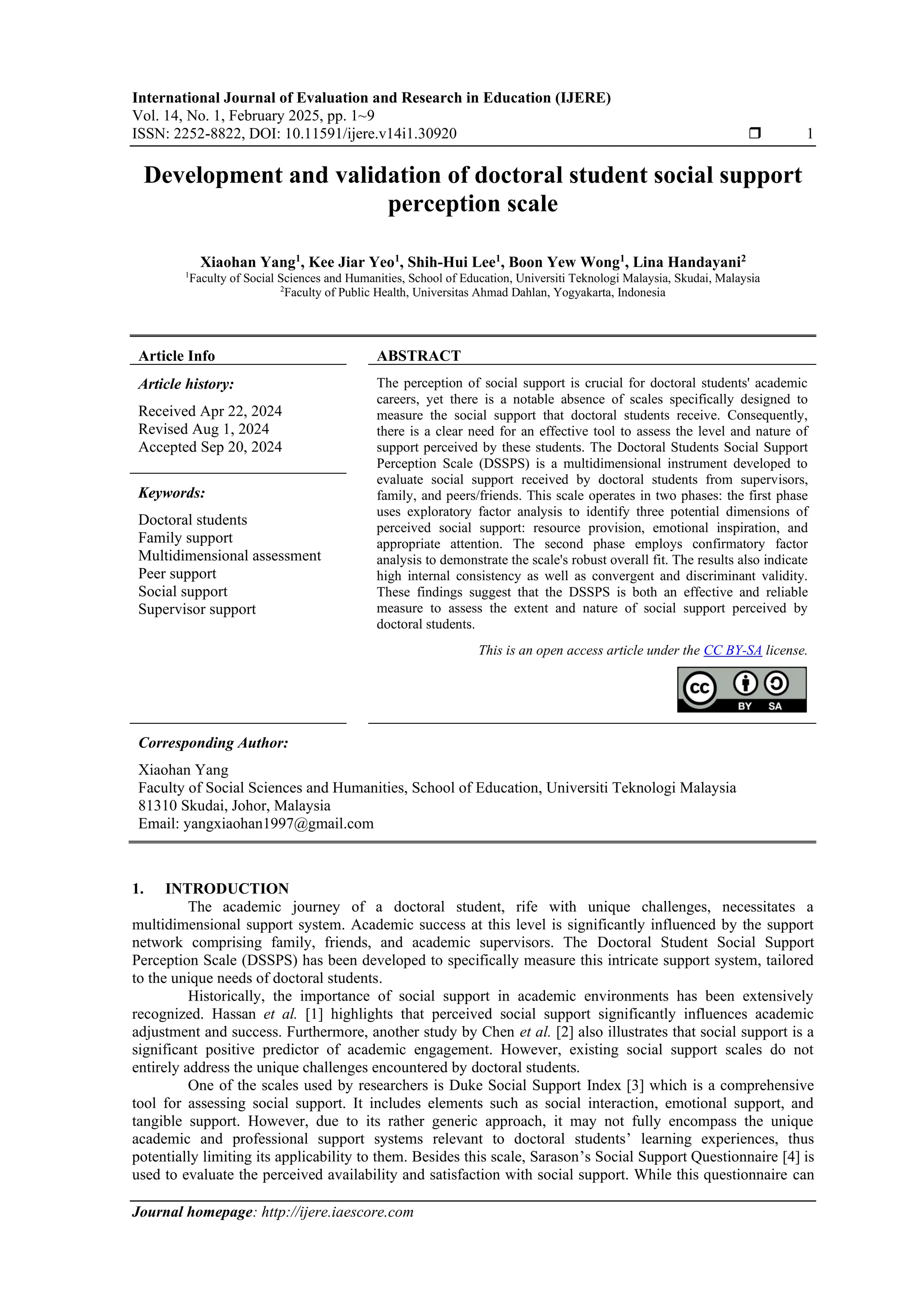 Development and validation of doctoral student social support ...