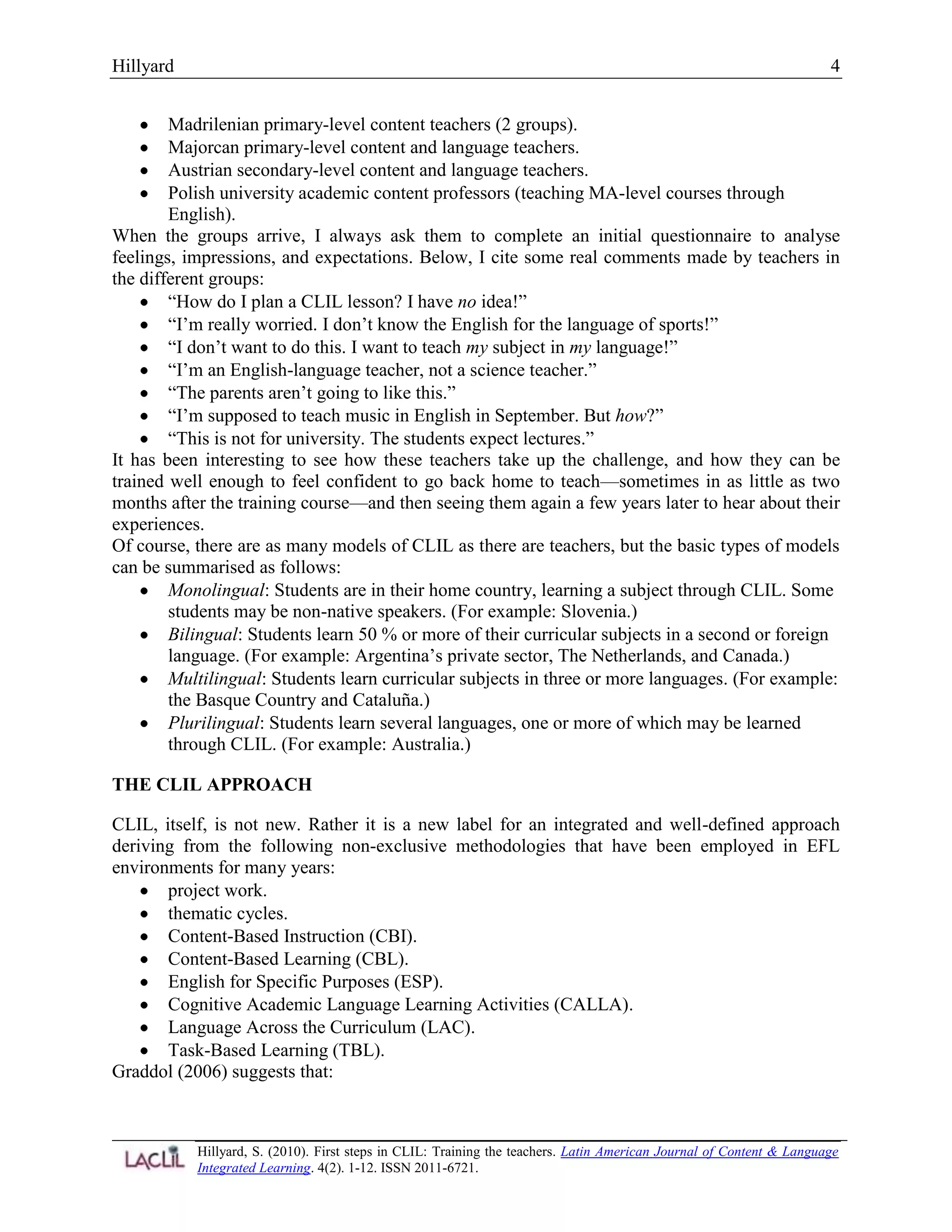 First Steps in CLIL - Training the teachers | DOCX