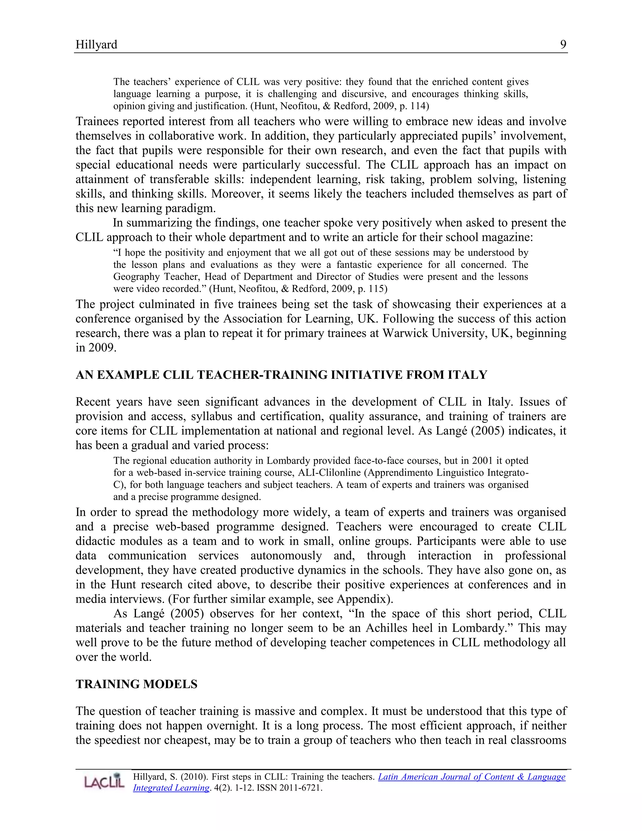 First Steps in CLIL - Training the teachers | DOCX