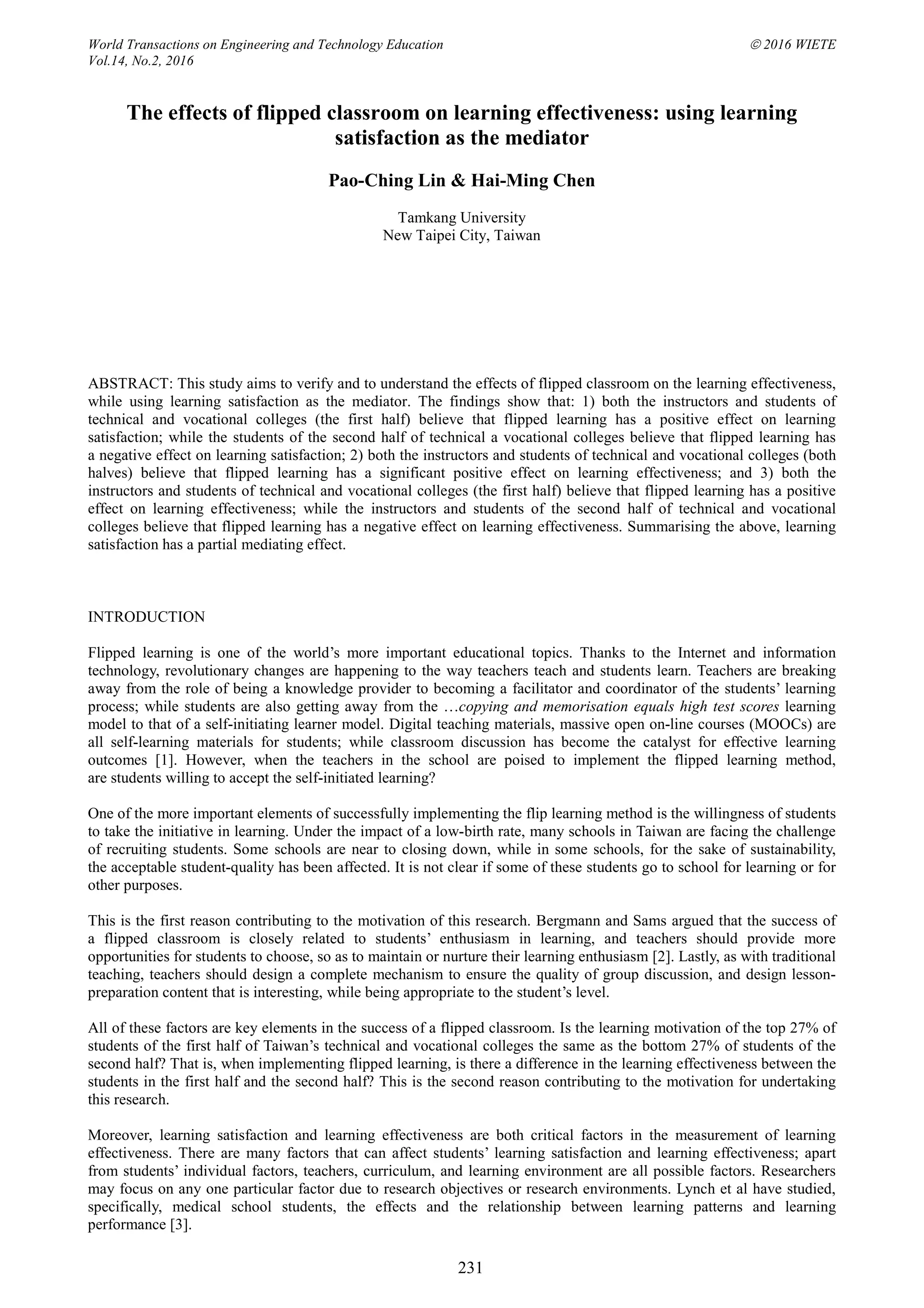 "The effects of flipped classroom on learning effectiveness: using learning satisfaction as the ...