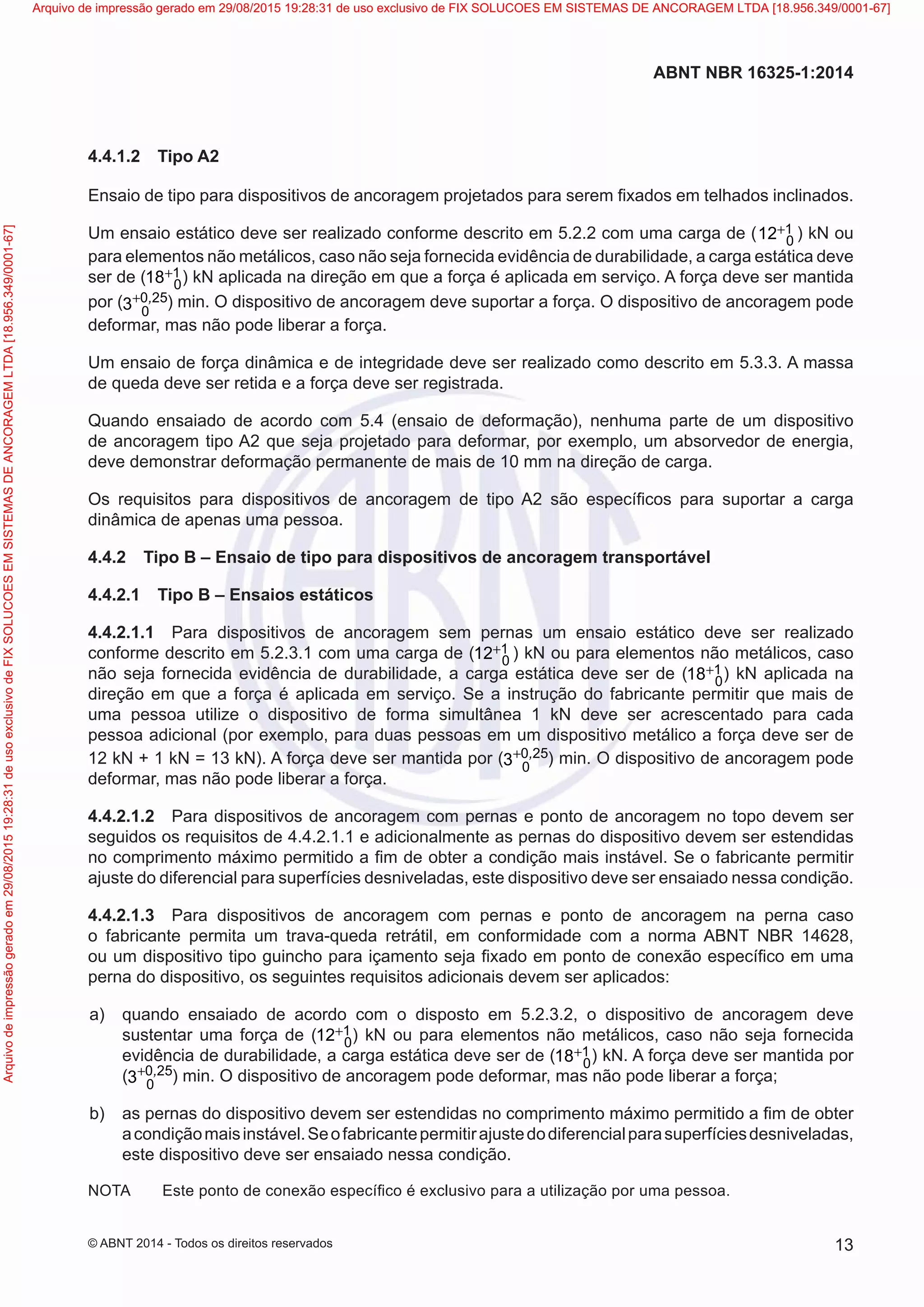 NBR 16325 - parte 1 - dispositivos de ancoragem tipos a, b e d | PDF