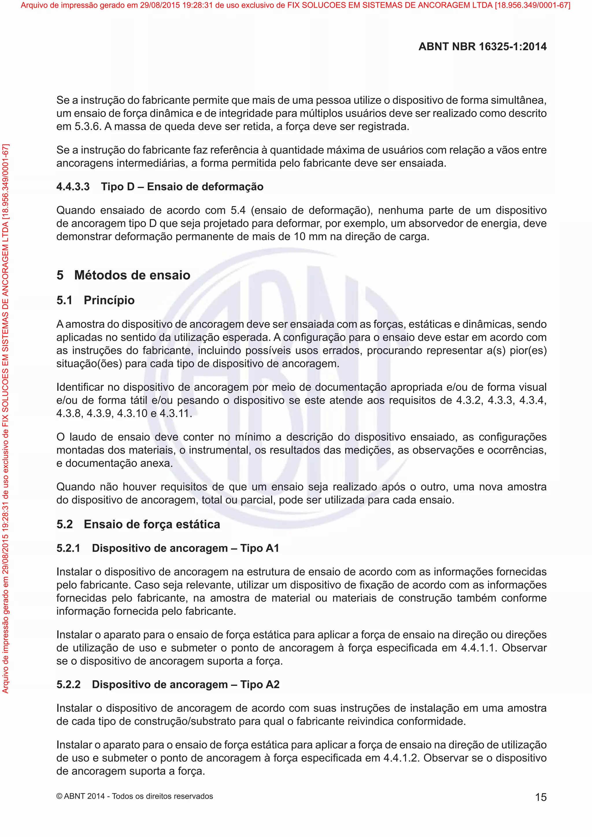 NBR 16325 - parte 1 - dispositivos de ancoragem tipos a, b e d | PDF