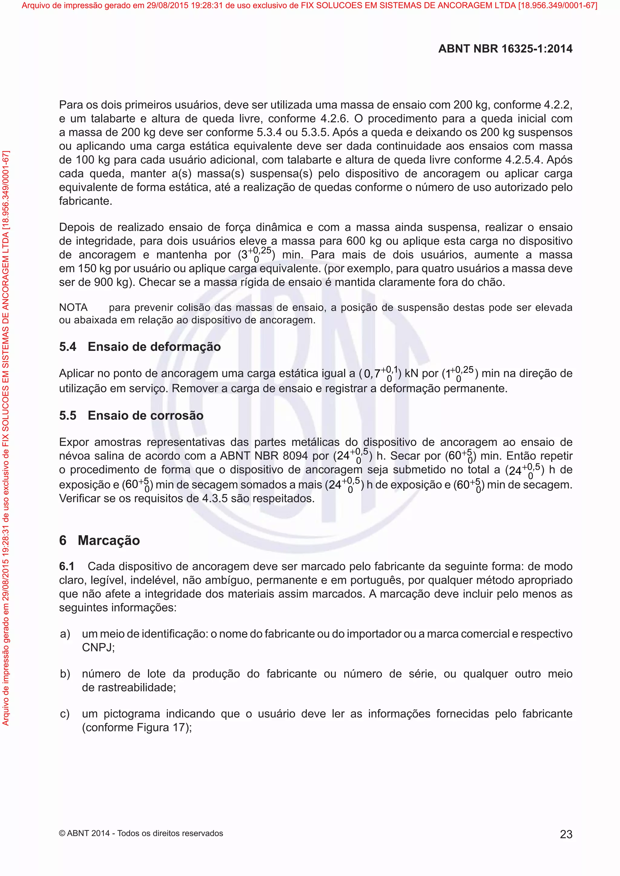 NBR 16325 - parte 1 - dispositivos de ancoragem tipos a, b e d | PDF