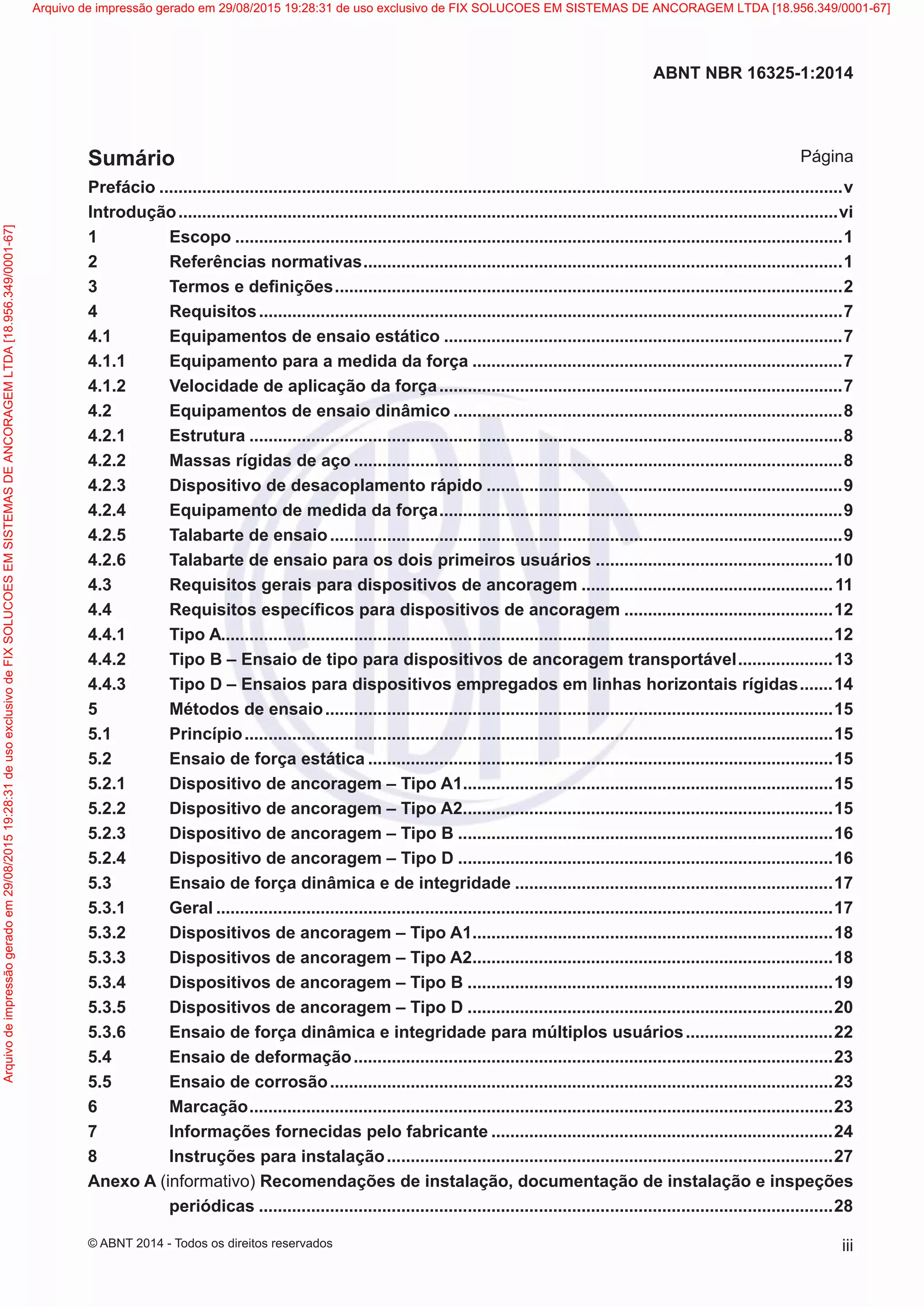NBR 16325 - parte 1 - dispositivos de ancoragem tipos a, b e d | PDF