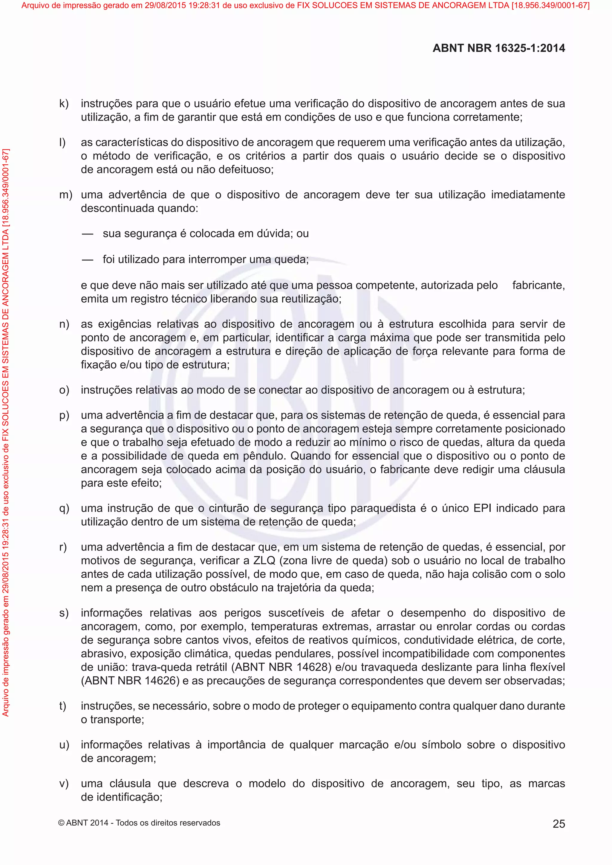NBR 16325 - parte 1 - dispositivos de ancoragem tipos a, b e d | PDF
