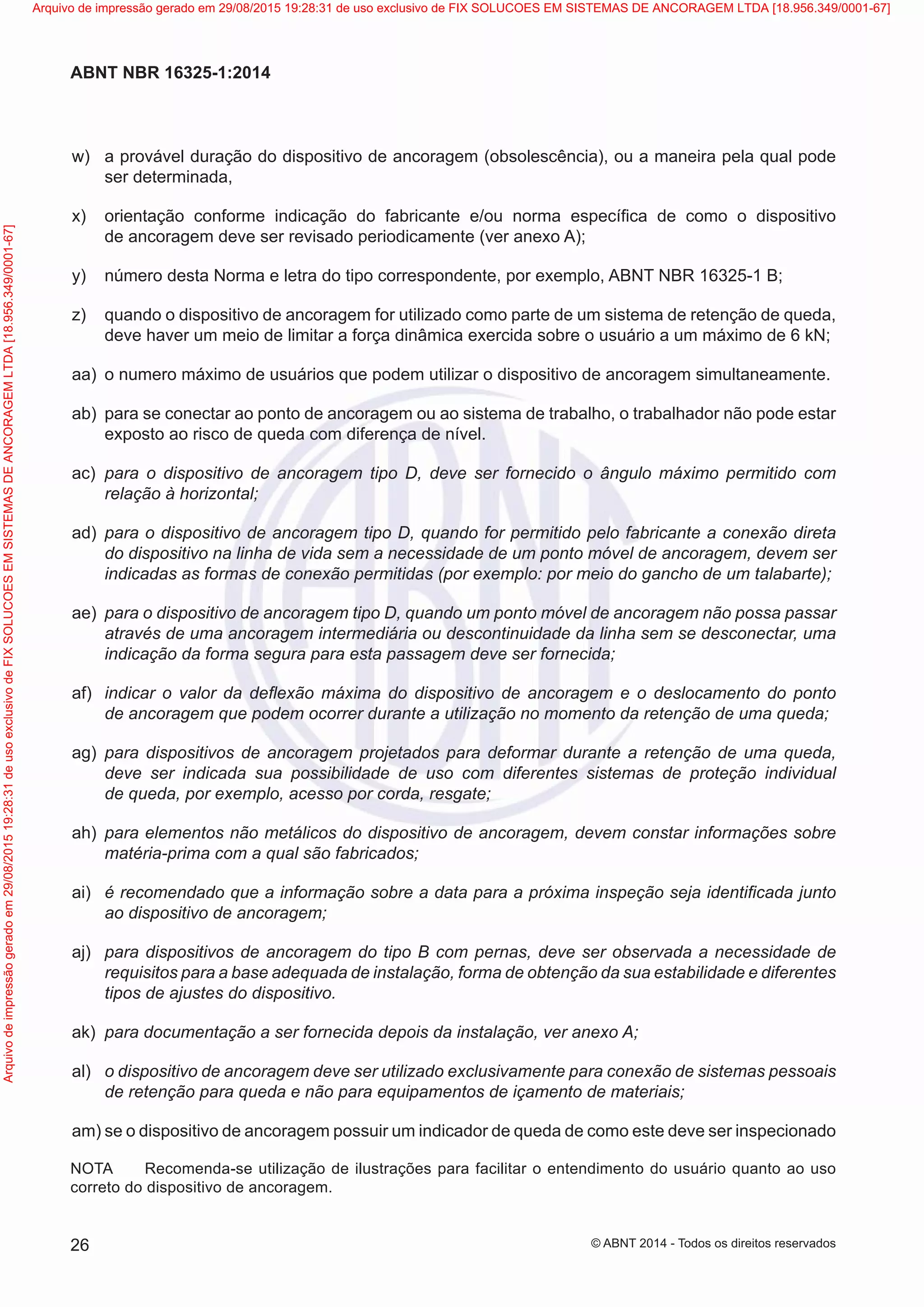NBR 16325 - parte 1 - dispositivos de ancoragem tipos a, b e d | PDF